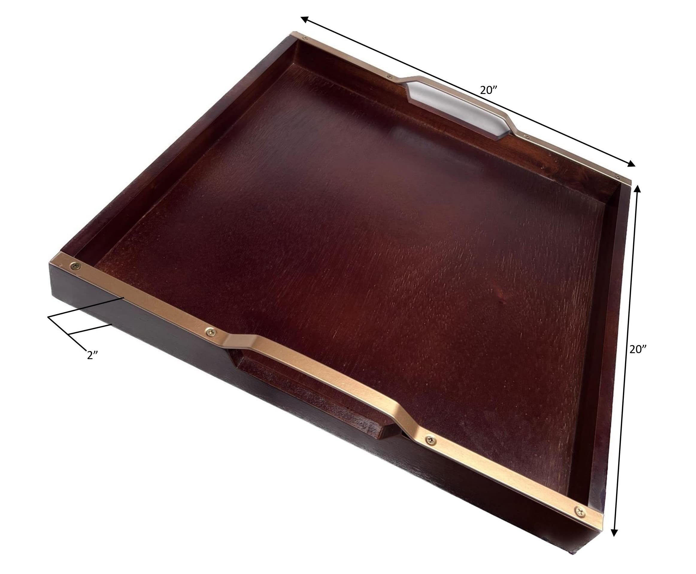 Mountain Woods Brown Large Wooden Serving Tray w/Copper Finished Handles | Coffee/Tea Tray | Decorative Kitchenware | Perfect Ottoman Tray - 20" x 20" x 2"