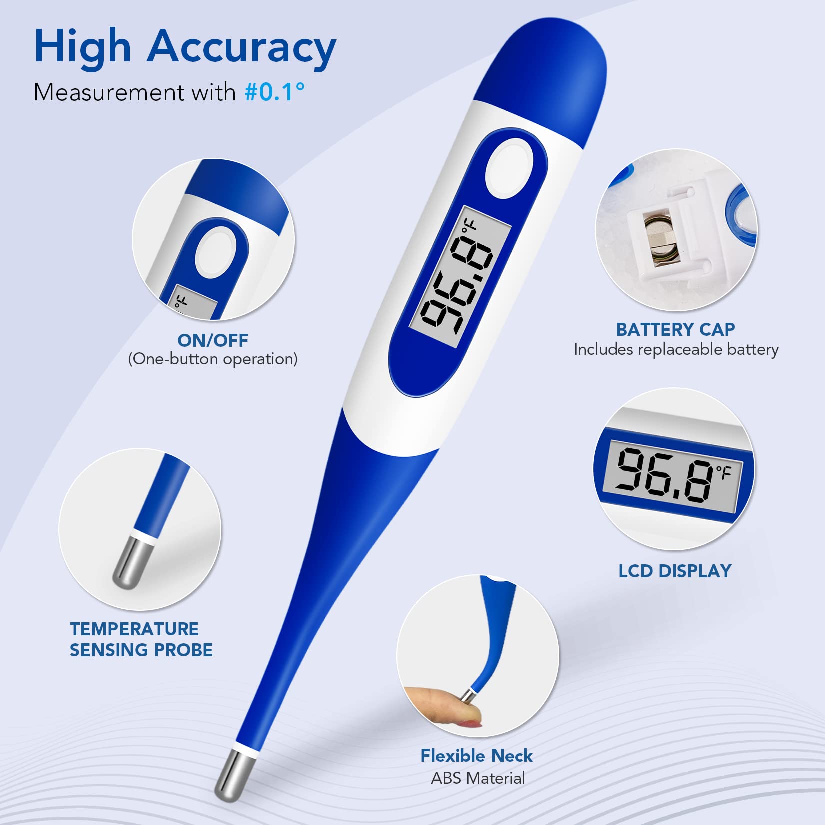 Thermometer, 2 Pack Digital Oral Thermometer, Detect Fever Quickly, Oral Armpit and Rectal Thermometer with FDA Certification, for Babies Children and Adults, Blue.