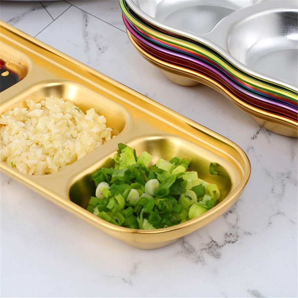 mingcheng 3-Compartment Stainless Steel Dipping Sauce Dish, Set of 4 Appetizer Serving Tray/Bowls for Sauce, Vinegar, Soy, BBQ, Hotpot, Snacks and Other Party Dinner, Dishwasher Safe Silver