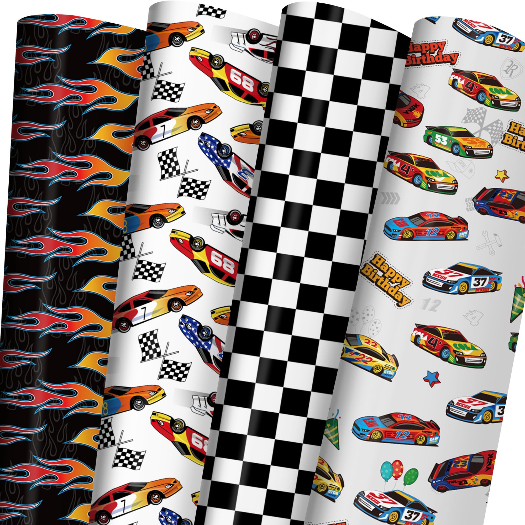 ZINTBIAL Race Car Wrapping Paper for Kids Birthday - Flames, Checkered Flags, Colorful Racing Cars and Happy Birthday Words Designs - 20 x 29 Inches, 8 Folded Sheets, Easy to Storeā¦