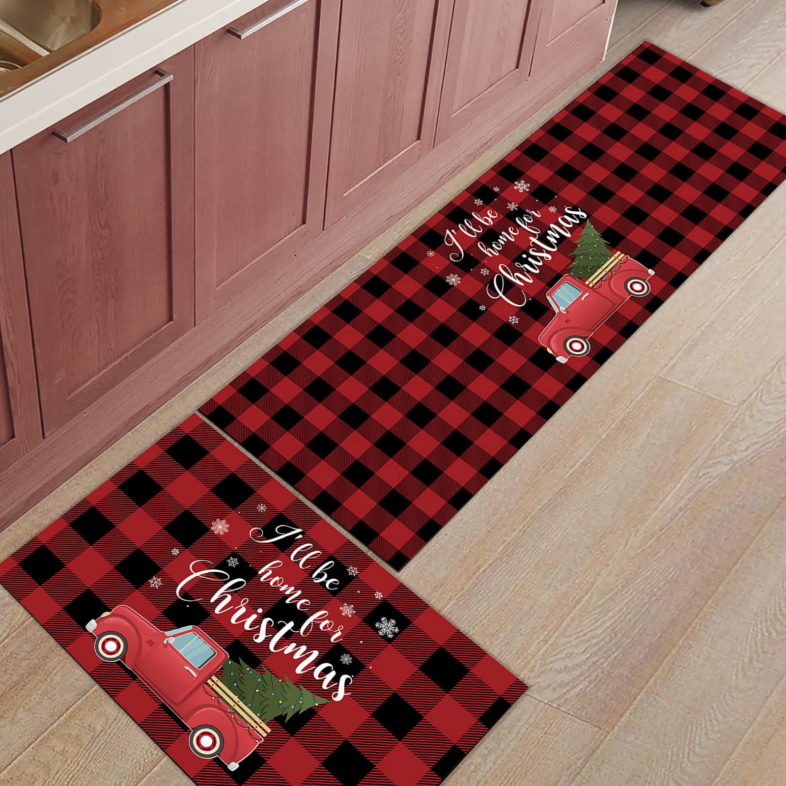 LooPoP Kitchen Rugs and Mats Sets of 2 Christmas Non-Slip Rubber Backing Area Rugs Washable Runner Carpets for Floor, Kitchen Truck Tree Snowflake Red Blank Lattice 15.7x23.6+15.7x47.2inch