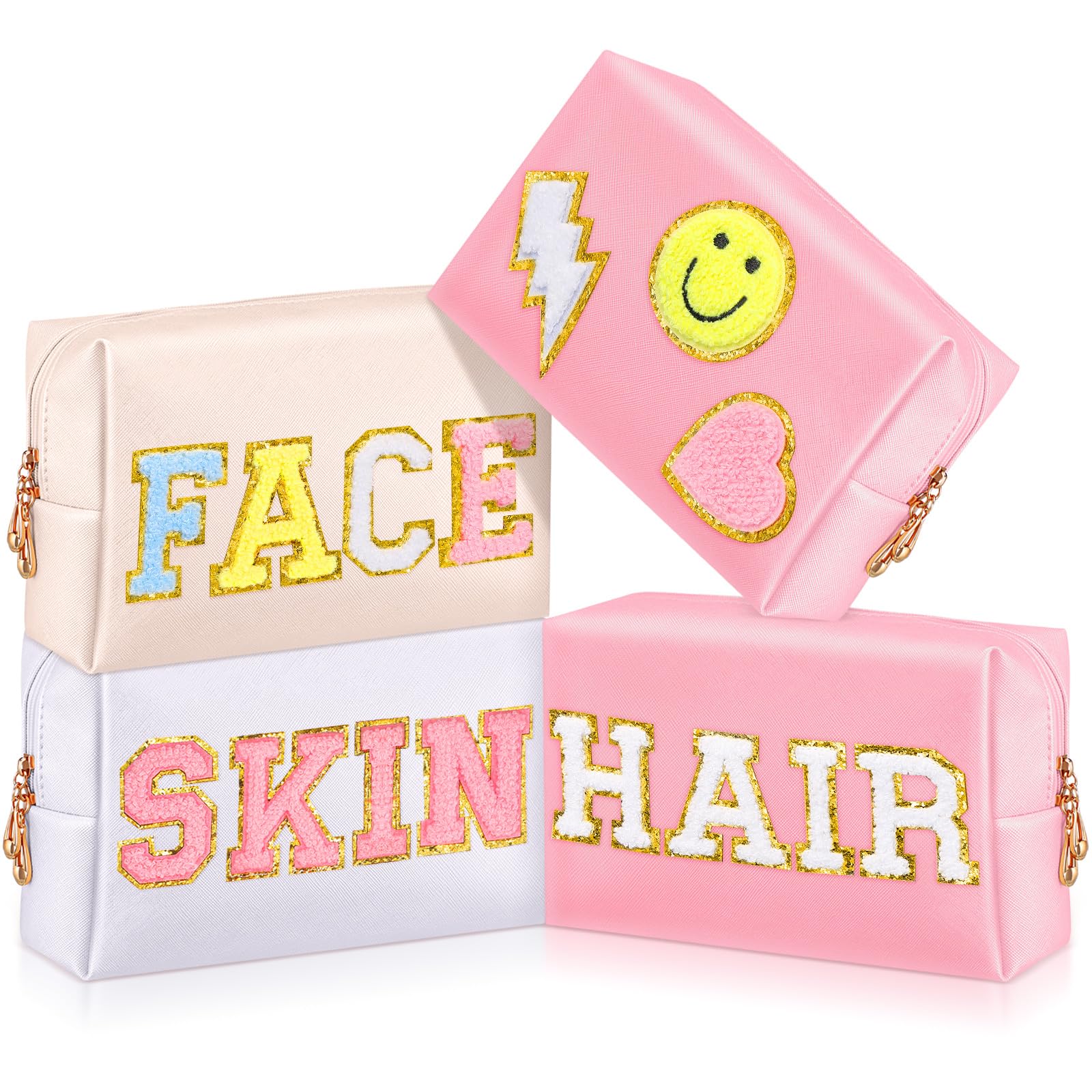 Sanwuta 4 Pcs Hair Face Skin Travel Bag Set Preppy Makeup Pouch PU Leather Skincare Bag Waterproof Cosmetic Organizer Birthday Christmas Gifts(White, Pink, Beige,Fresh Style)