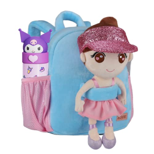 JCFAFWR Toddler Backpacks for Girls 2-4, Lightweight Cute Kids Backpack Detachable Plush Doll Preschool Backpack(BLUE-M)