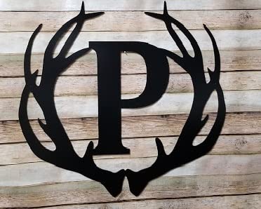 PK Decor Personalized ACM Metal Sign Deer Antler Decorations for Rustic Home Wall Decor, Customizable Last Name Initial Monogram, Buck Antler Door Hanger, Great Outdoor Hunter Gift (Block Initial)