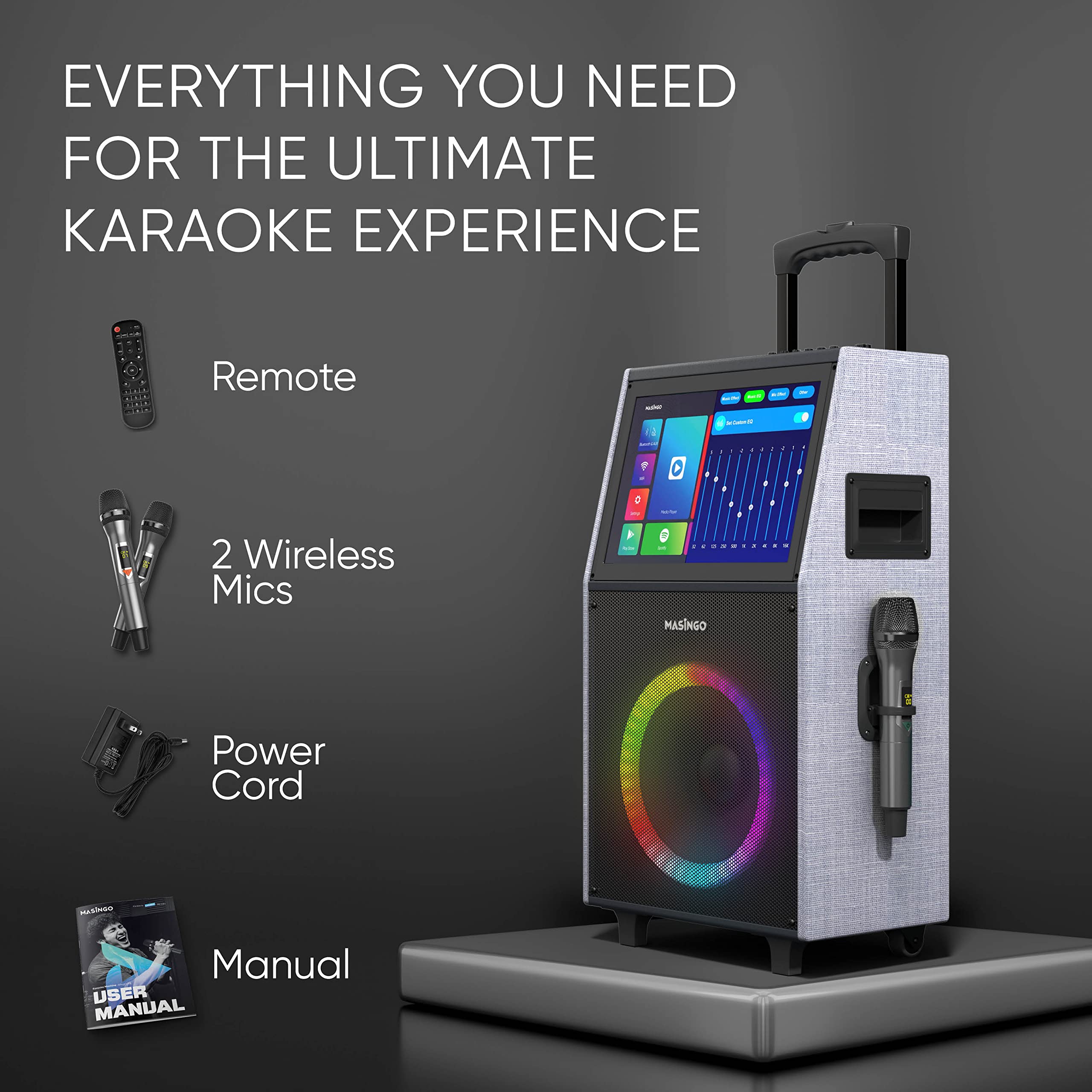 MASINGO Professional Karaoke Machine with Lyrics Display Screen + 2 Wireless Microphones, Bluetooth Portable PA Speaker with Built-in 15" Tablet & WiFi - Best Gift for Adults and Kids - X8 2021 Model
