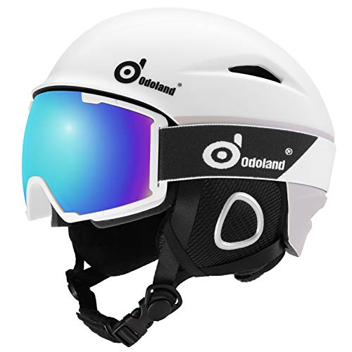 Odoland Ski Helmet with Ski Goggles, Multi-Options Snowboard Helmet and Goggles Set for Men Women and Youth, White, M