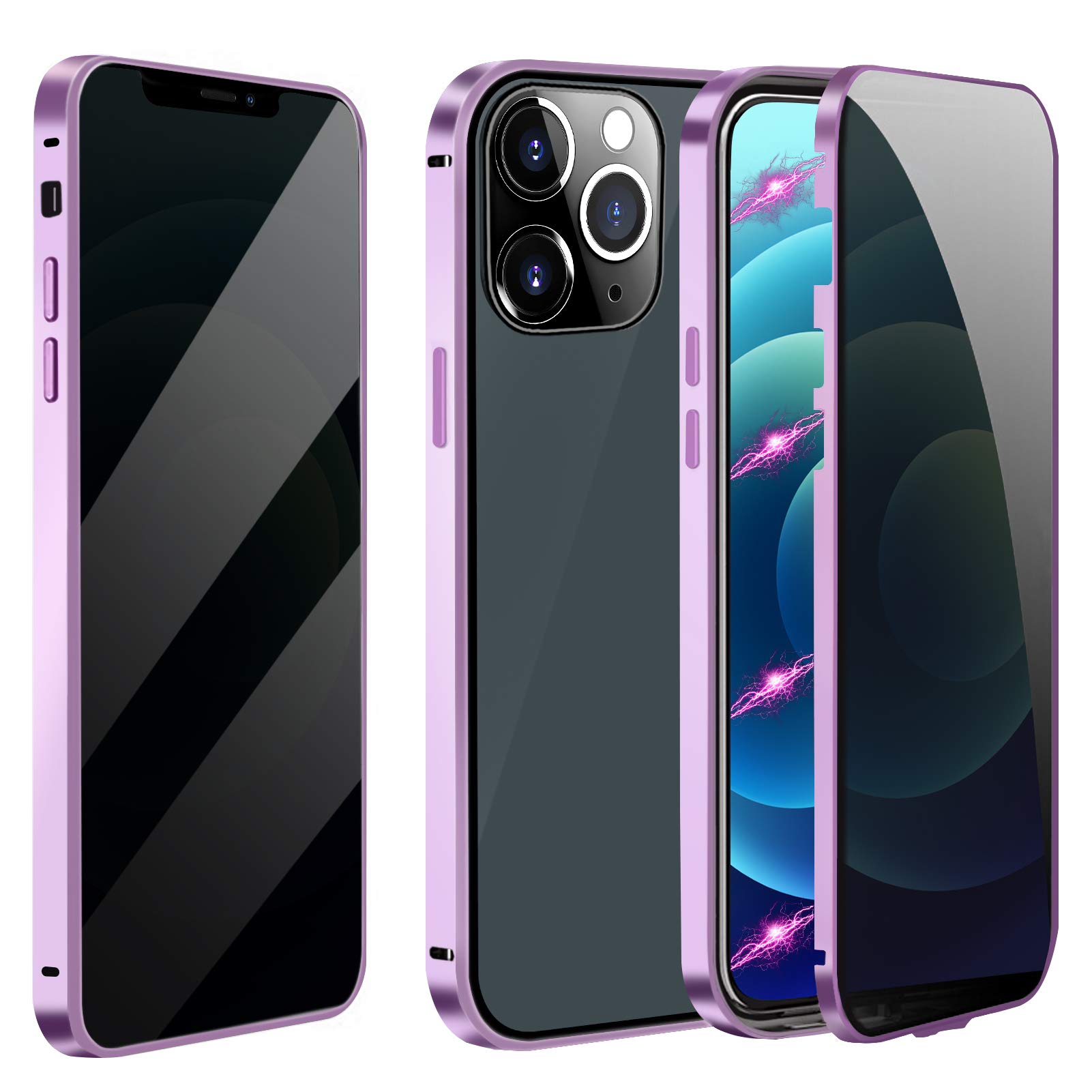 Magnetic Case for iPhone 11, Anti Peep Magnetic Adsorption Double-Sided Privacy Screen Protector Clear Back Metal Bumper Antipeep Cases Anti Peeping 2 Sided Cover for iPhone 11 6.1 Inch-Purple