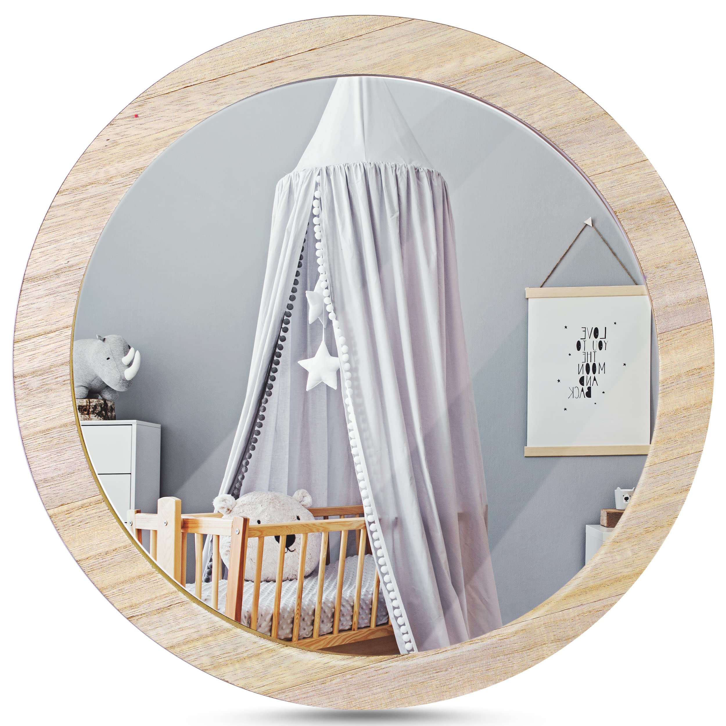 Round Wood Framed Mirror for Nursery Room Round Mirror Nursery Decor, Hanging Wall Mirror (Circle)