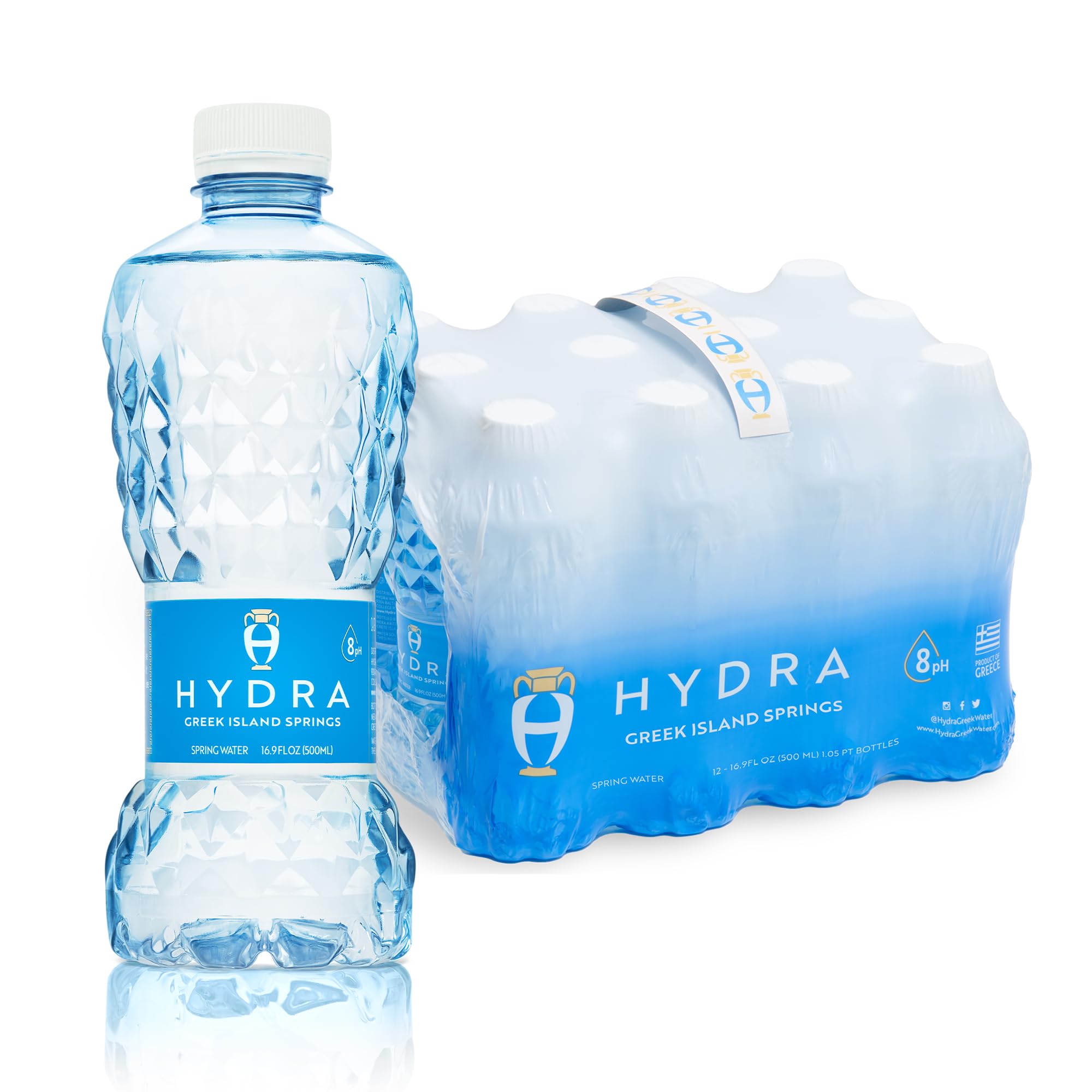 HYDRA Greek Island Spring Water - Naturally Alkaline Bottled Water, 8.0pH Level, BPA-Free, Case of 12 x 16.9-Ounce Bottles