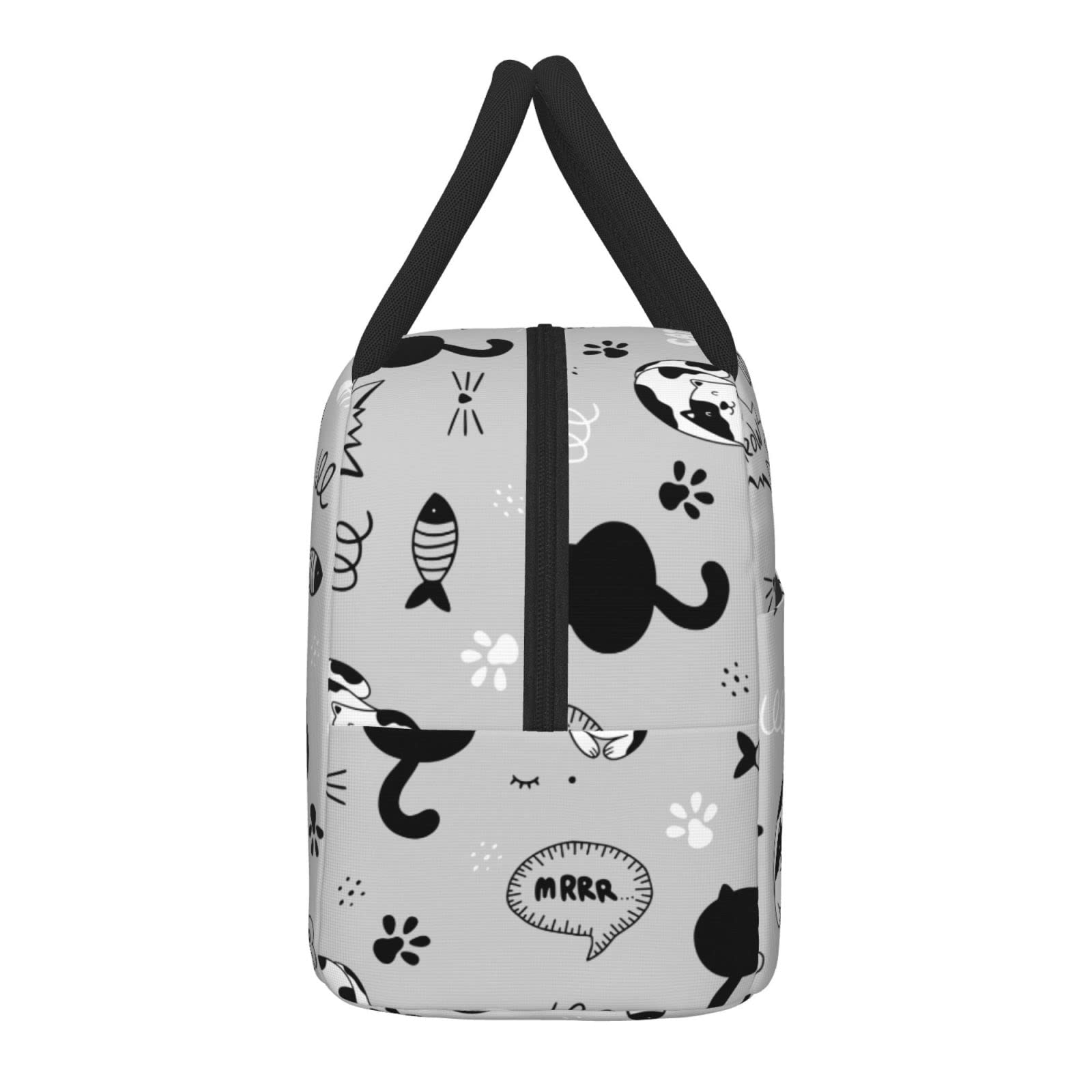 Oplp Cute Cats Fish Cat Paws Lunch Bag Box Meal Prep Insulated Handbag Reusable Lunch Container