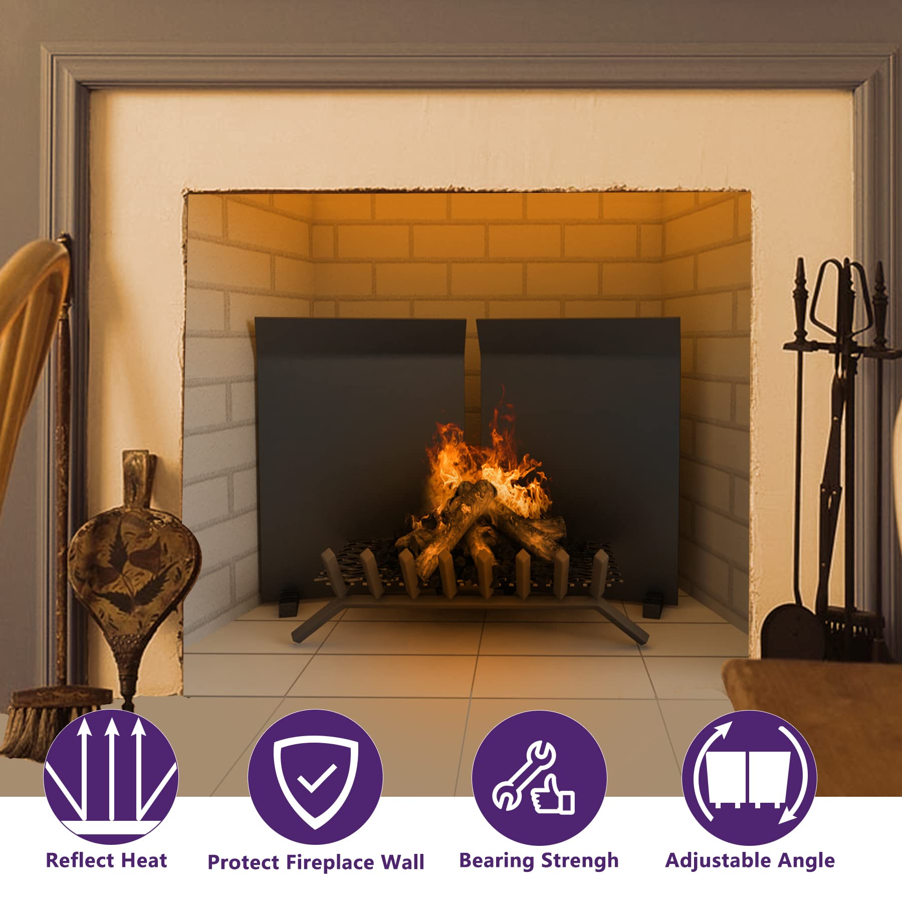 Mxclimate Adjustable Fireback with Support Legs, Heavy Duty Fireplace Wall Protector and Heat and Radiant Reflector, Flexible Reflecting Angle, Fits Firebox Width from 13" to 26", 2 Pack, Black