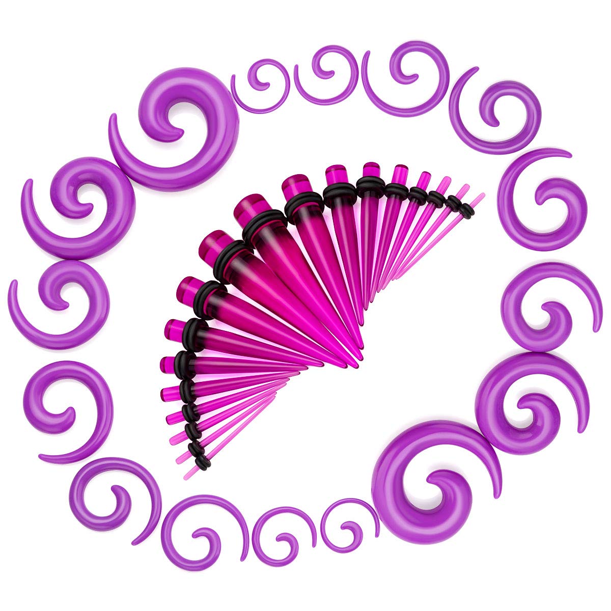 JDXN 64PCS Acrylic Gauge Kit Tapers + Heart Tunnels + Plug With O Ring + Spiral Tapers 14G-00G Stretching Set (Purple)