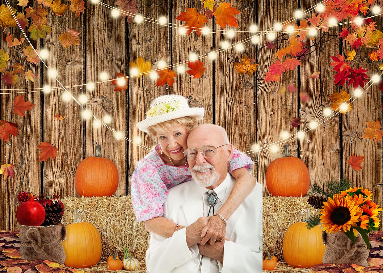 LYWYGG 7x5FT Fall Thanksgiving Photo Backdrop Autumn Retro Board Backdrops Wooden Fence Haystack Pumpkin Photo Background Thanksgiving Party Decorations Studio Photography Props CP-367 Yellow