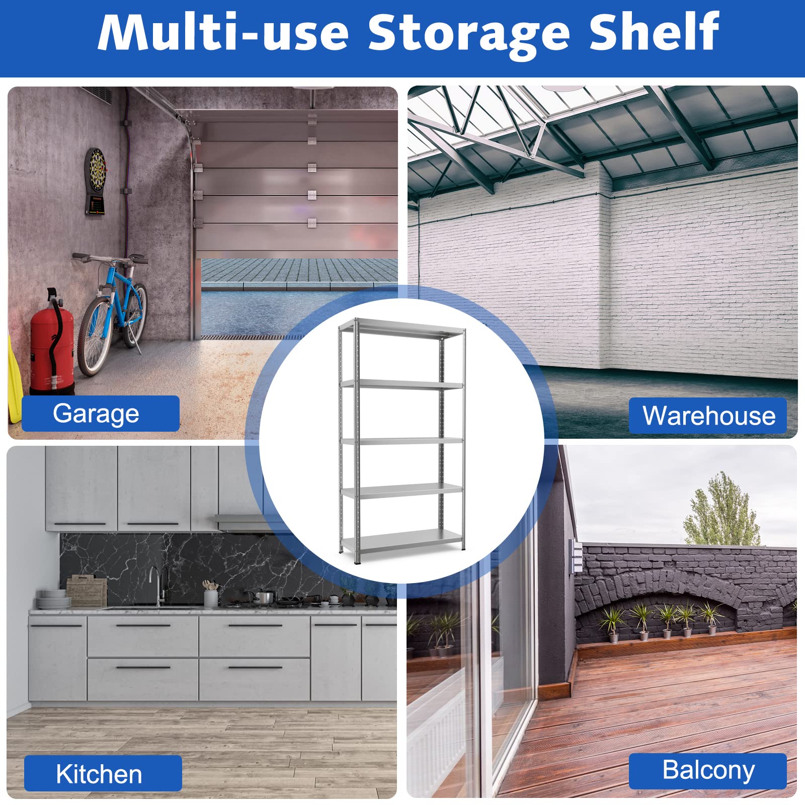 Tangkula Garage Storage Shelves, 74In 5-Tier Metal Shelving Unit for Storage, Adjustable Heavy Duty Storage Rack with 1433LBS Weight Capacity for Garage Warehouse Basement, 39 x 16 x 74 Inch (2, Grey)