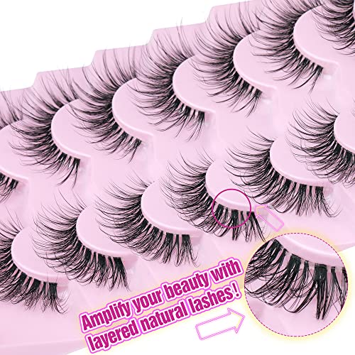 Lashes Natural Look False Eyelashes Wispy Fluffy Lashes Mink Long Curly Fake Eyelashes Cat Eye Lashes with Clear Band 7 Pairs Pack by GVEFETIEE