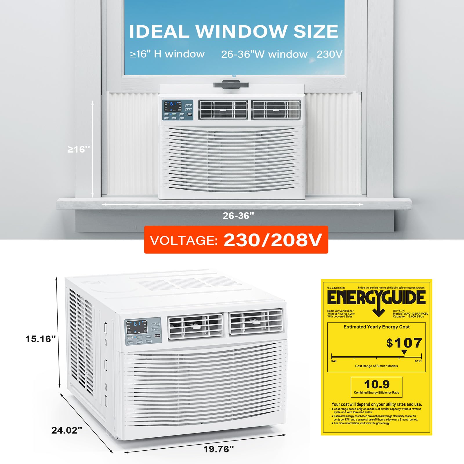 ROVSUN 12000 BTU Window Air Conditioner with Heat, Window AC Unit & Heater Combo with APP & Voice Smart Control, Timer Function & Easy Installation Kit, Work with Alexa/Google Assistant, 208/230V