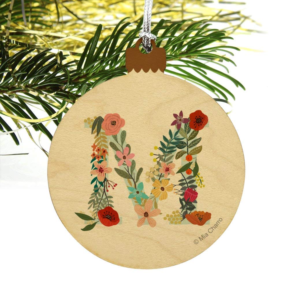 Letter M Floral Monogram Initial Wood Christmas Tree Holiday Ornament