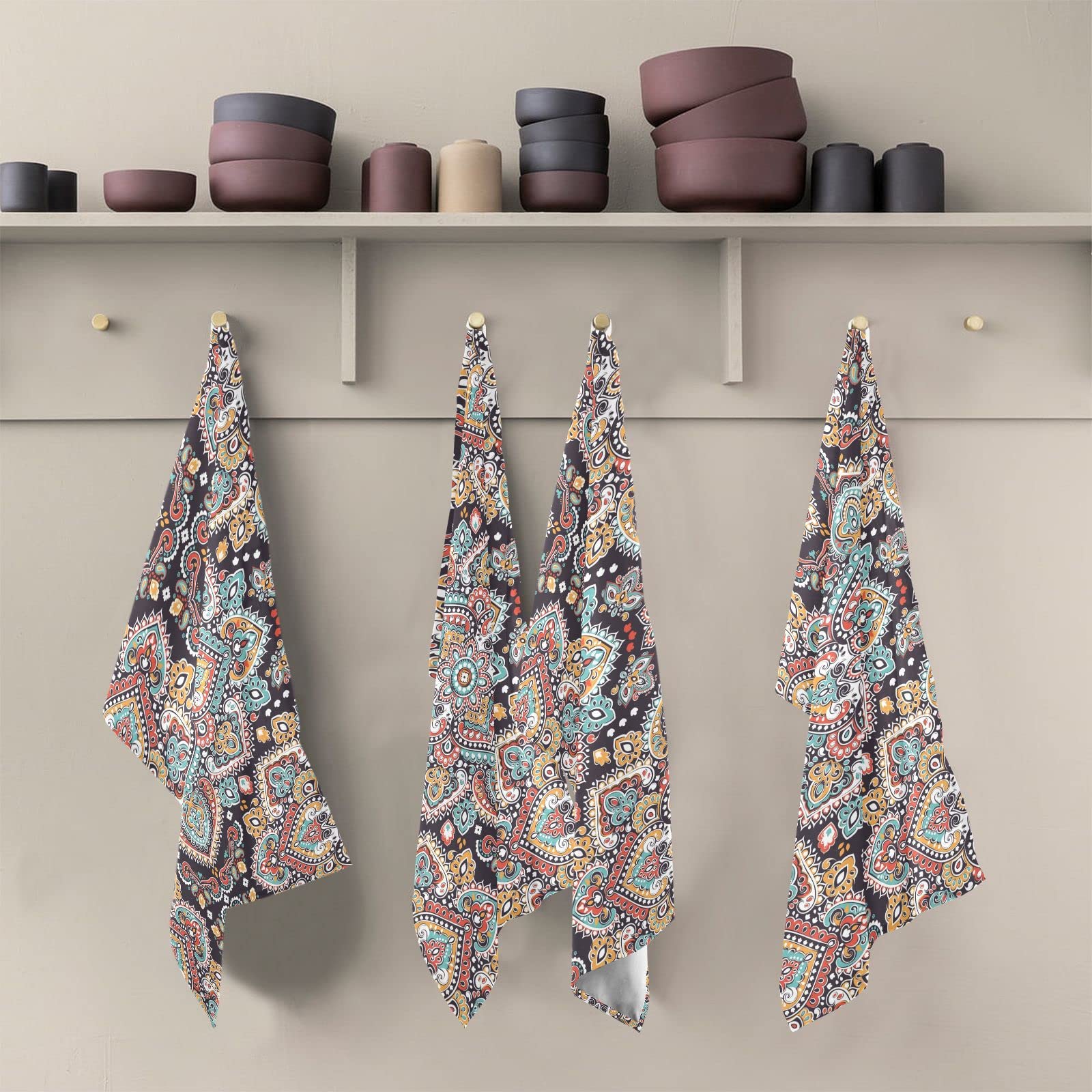 MNSRUU Kitchen Towels Dishcloths Sets 4Pcs with Hanging Loop, Indian Floral Paisley Absorbent Kitchen Décor Cleaning Hand Towel Tea Towels for Farmhouse Kitchen Dishes Tea Home