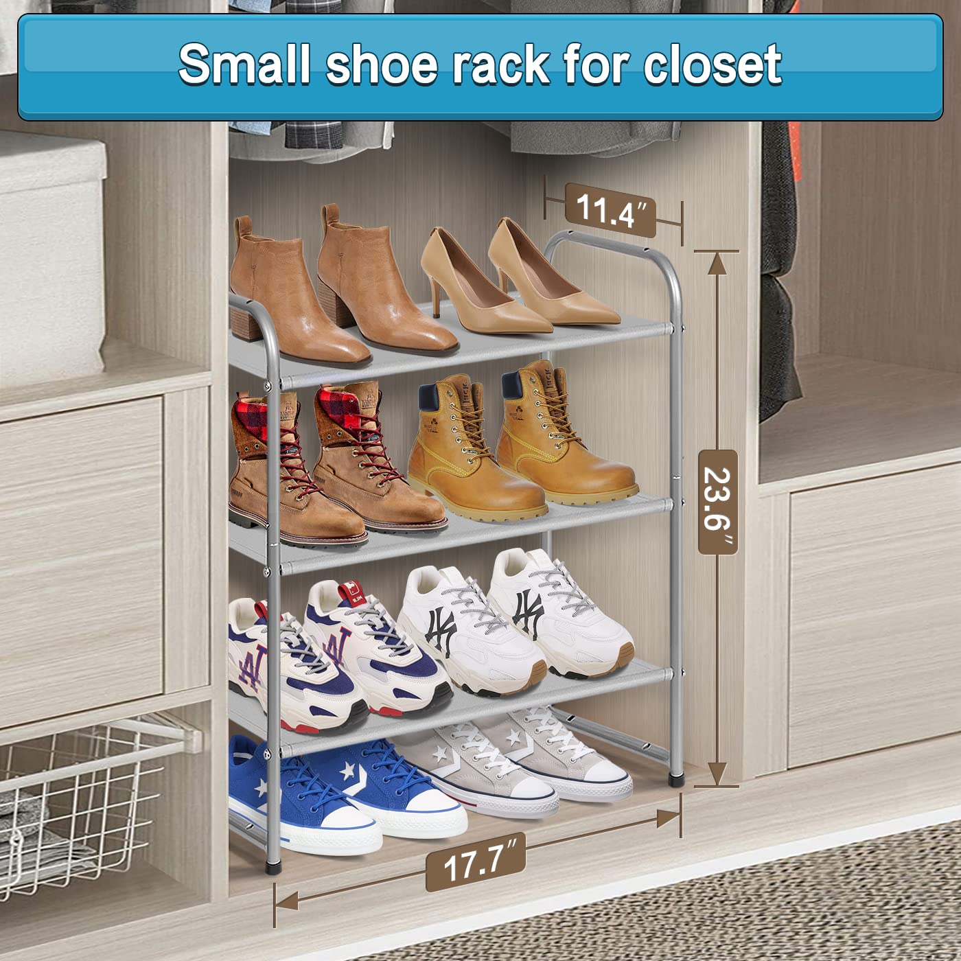 KIMBORA 3-Tier Small Shoe Rack 8-Pairs Stackable Narrow Shoe Storage Organizer Heavy Duty Shoe Shelf for Bedroom Closet, Entryway, Hallway (Grey)