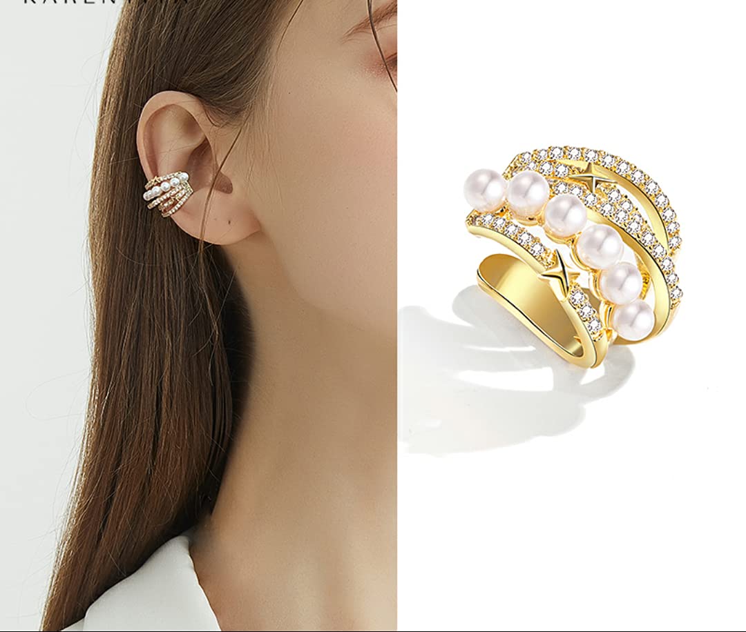 MOEPAPA Pearl Ear Cuff Earrings for Women 14K Gold Ear Cuffs for Non Pierced Ears Cartilage Earrings