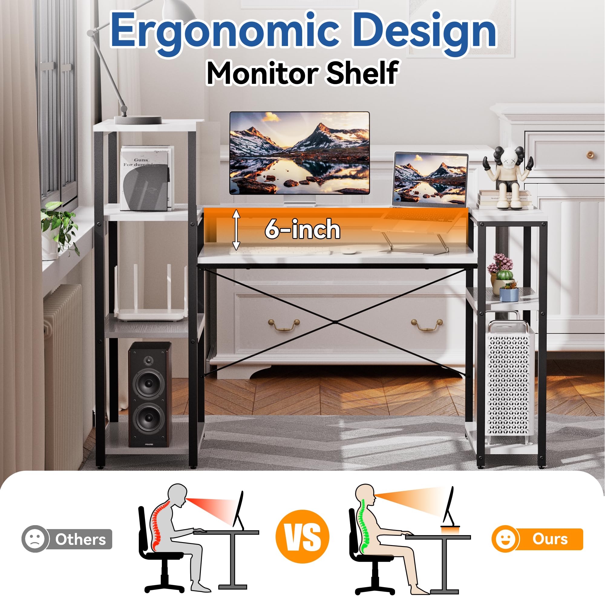 HYPIGO White Computer Desk with Printer Shelf, 63 Inch Industrial Office Desk with Storage Shelves, Writing Workstation with Bookshelf, Study Table for Home Office