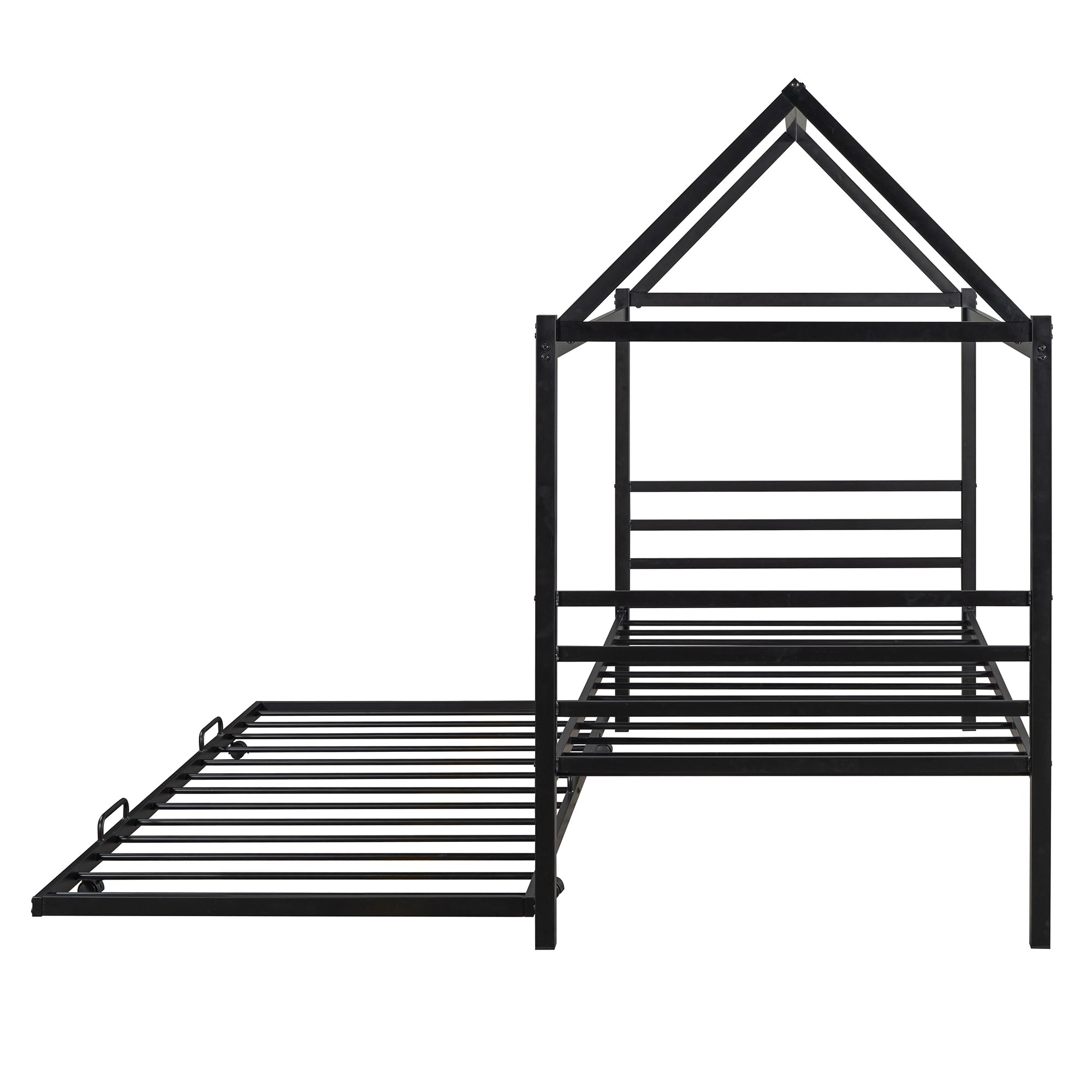 KoiHome Twin Size Metal House Shape Platform Bed with Trundle, Modern Sturdy Metal Bed Frame with Solid Metal Slats for Kids,Teens Bedroom, Space-Saving, No Box Spring Needed, Black