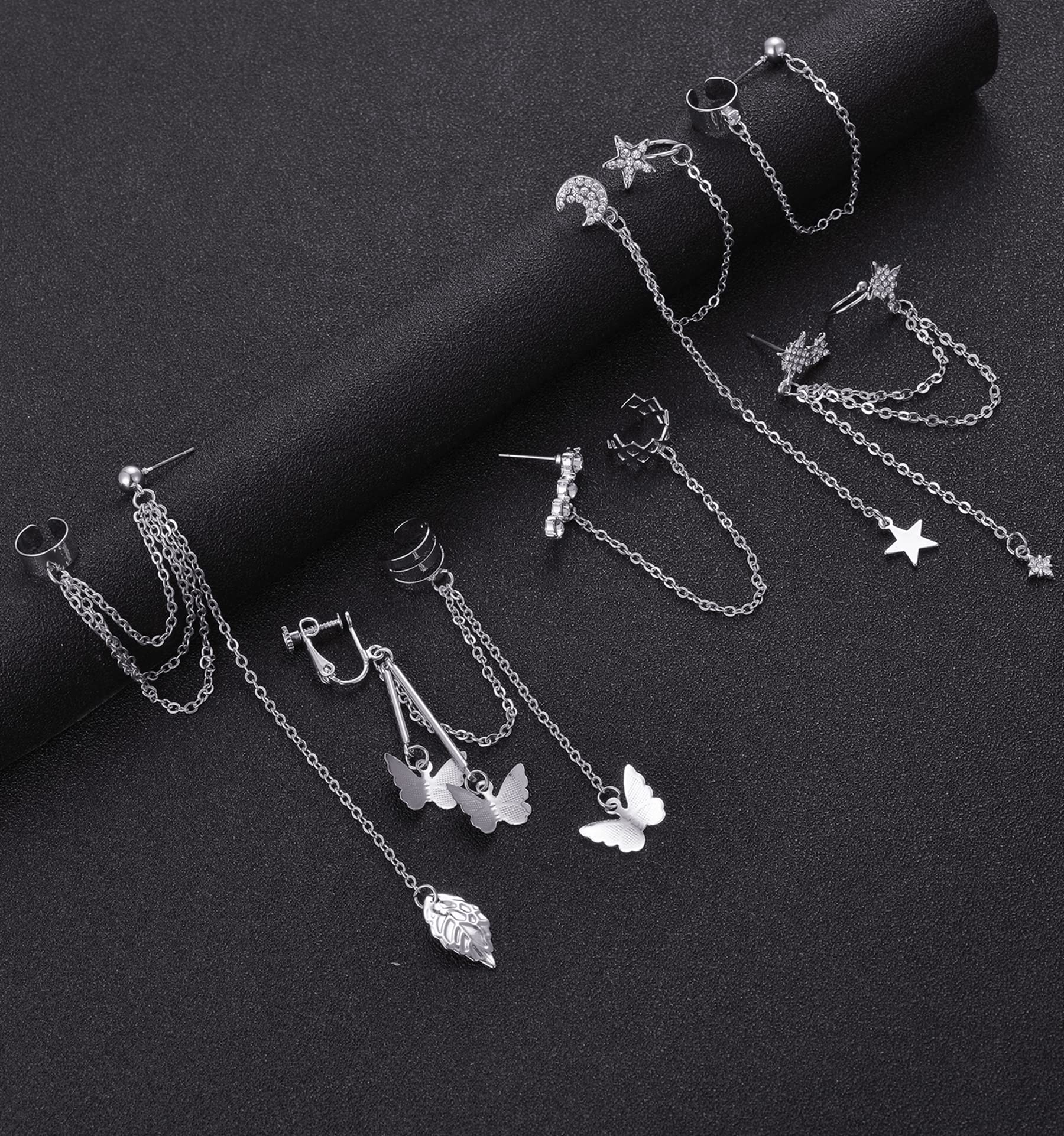 Ofeiyaa 6Pcs Tassel Ear Cuff Butterfly Snowflake Flower Star Moon Leaf CZ Cuff Earring Chain Set Crawler Climber Dangling Chain Wrap Clip on Earrings Jewelry for Women Men