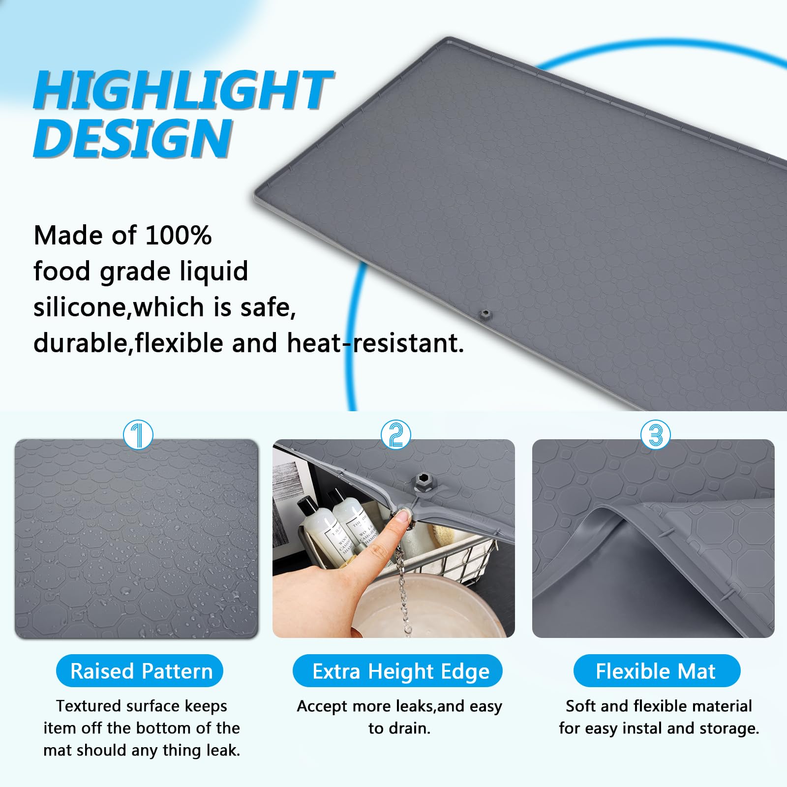 Under Sink Mat, 34" x 22" Waterproof Silicone Under Sink Tray for Kitchen & Laundry Cabinets, Kitchen Cabinet Shelf Protector,Fits 36 inch Standard Cabinet (Grey)