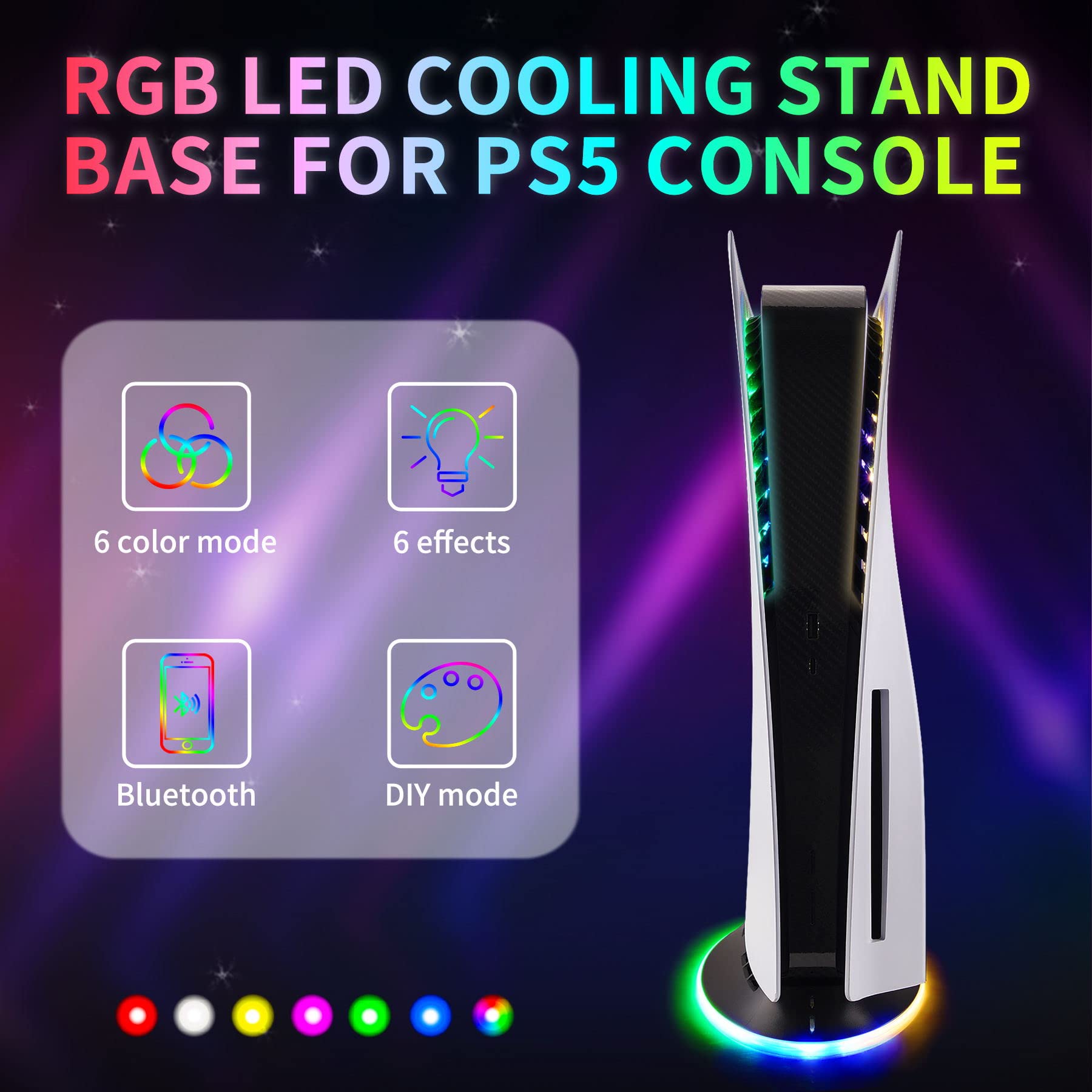 PlayVital RGB LED Cooling Stand for ps5 Disc & Digital Console, Vertical Fan Base with LED Strip Kit for ps5 Console – Control by APP