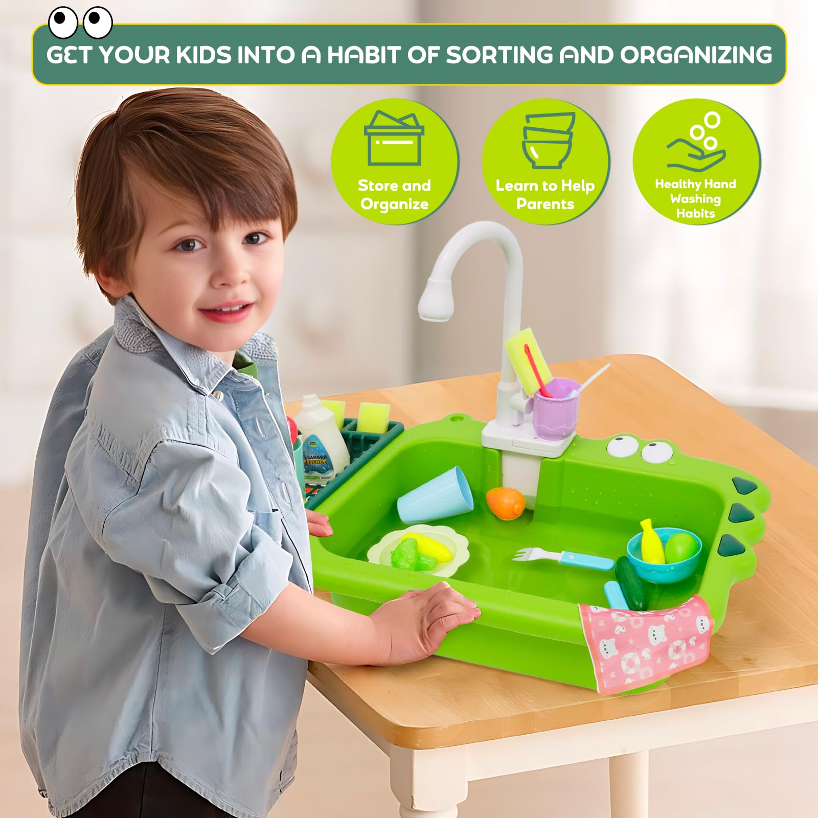 Kids Kitchen Sink Toy Set with Running Water 23Pcs Playing Dishwasher with Automatic Water Cycle System Pretend Play Toy for Kids Boys Girls Toddler