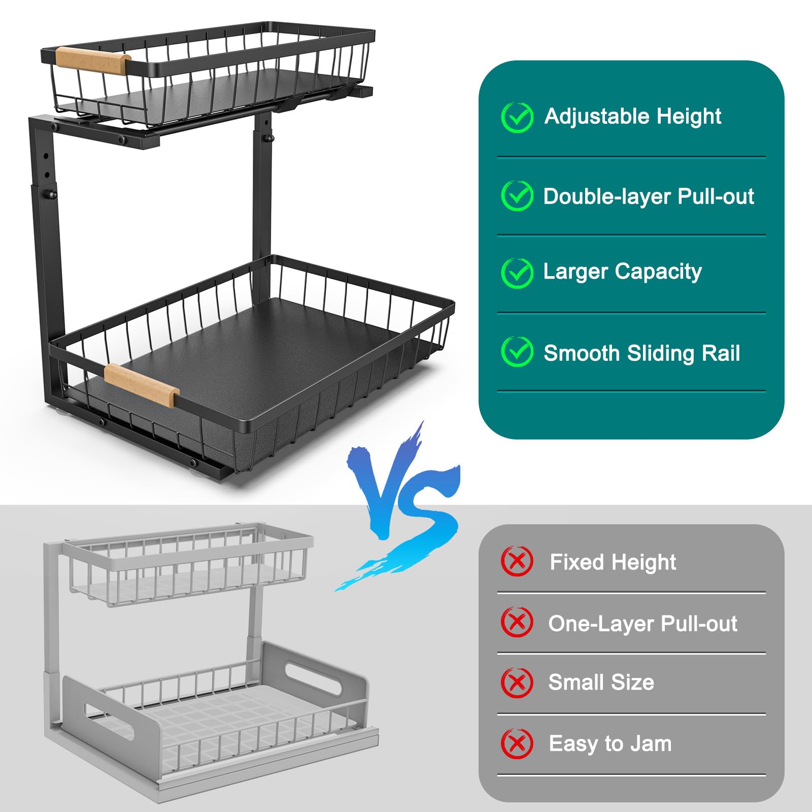 Under Sink Organizer and Storage 2 Pack Height Adjustable Pull Out Cabinet Drawers Organizer 2 Tier Metal Slide Out Sink Shelf Cabinet Storage Shelves for Kitchen Bathroom Cabinet, Black