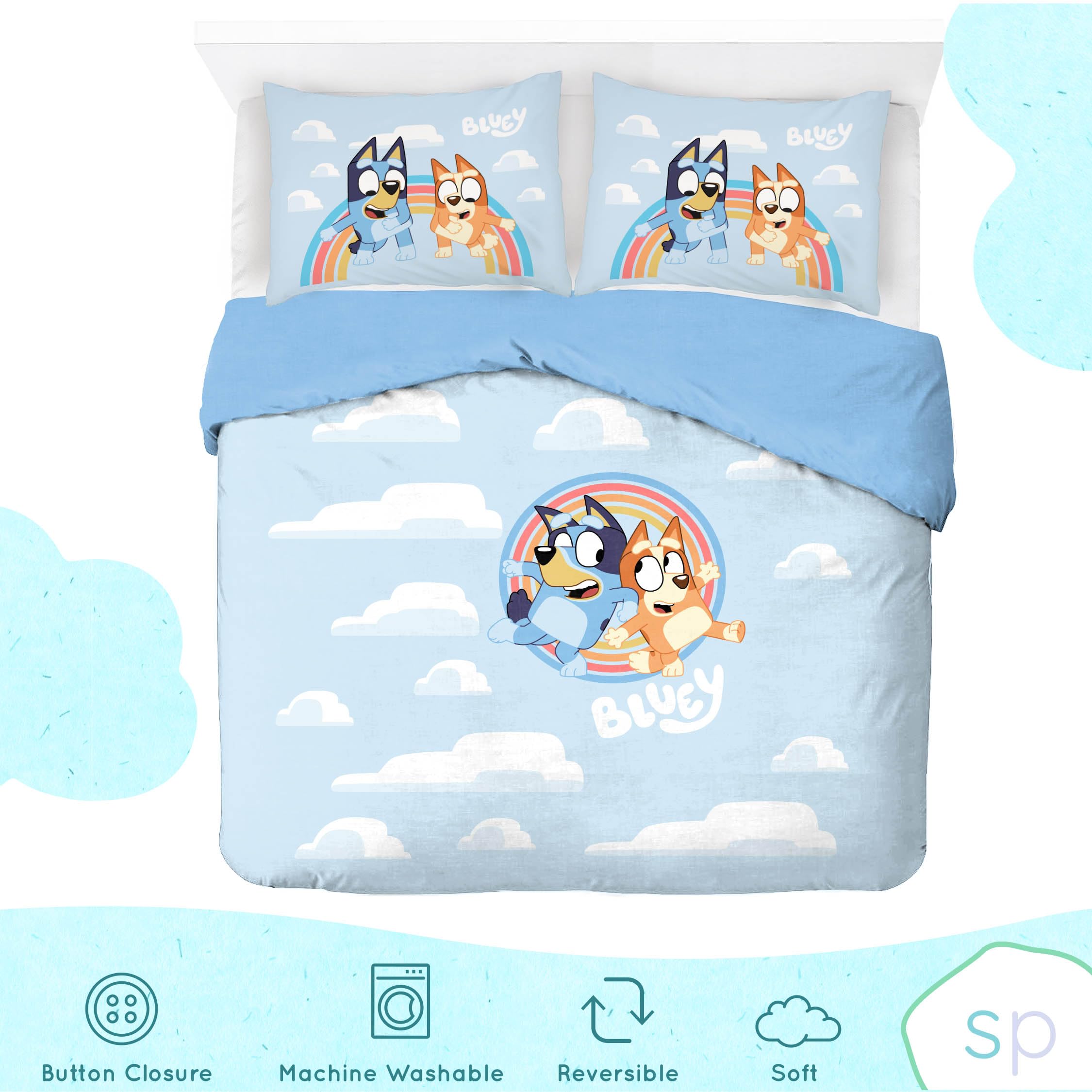 Saturday Park Bluey and Bingo Rainbow Clouds Full/Queen Duvet Cover & Sham Set - 3 Piece 100% Organic Cotton Duvet Set - GOTS & Oeko-TEX Certified