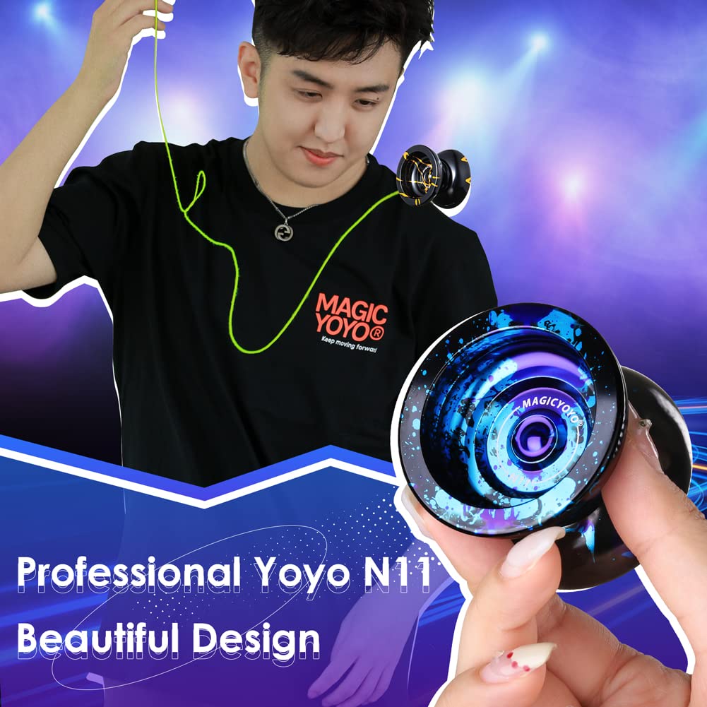 MAGICYOYO Professional Unresponsive Yoyo N11 Pack of 2, Alloy Metal Yoyo for String Trick, Dual Purpose Yoyo with 12 Yoyo Strings + 2 Bags + 2 Flat Bearings + Axle + Bearing Removal Tool