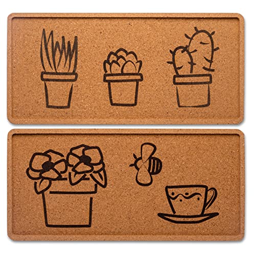 Plant Tray, Flower Pot Saucers Set of 2, Large Indoor Cork Mat for Counter, Absorbent Drip Dish for Planters, Rectangle Coasters, Plate for Windowsill Herb Garden, Decorative Kitchen Serving Trays