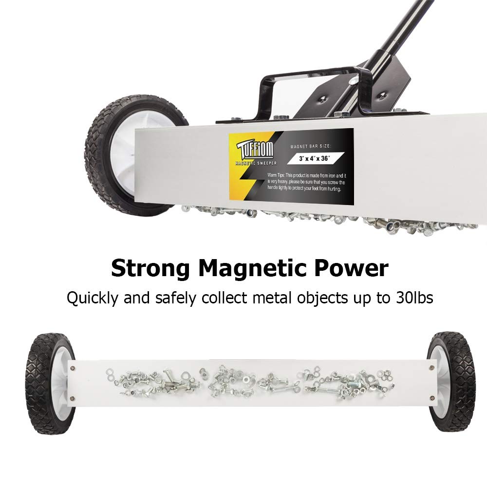 TUFFIOM 36-Inch Rolling Magnetic Pick-Up Sweeper | 30-LBS Capacity, with Quick Release Latch & Adjustable Long Handle, for Nails Needles Screws Collection