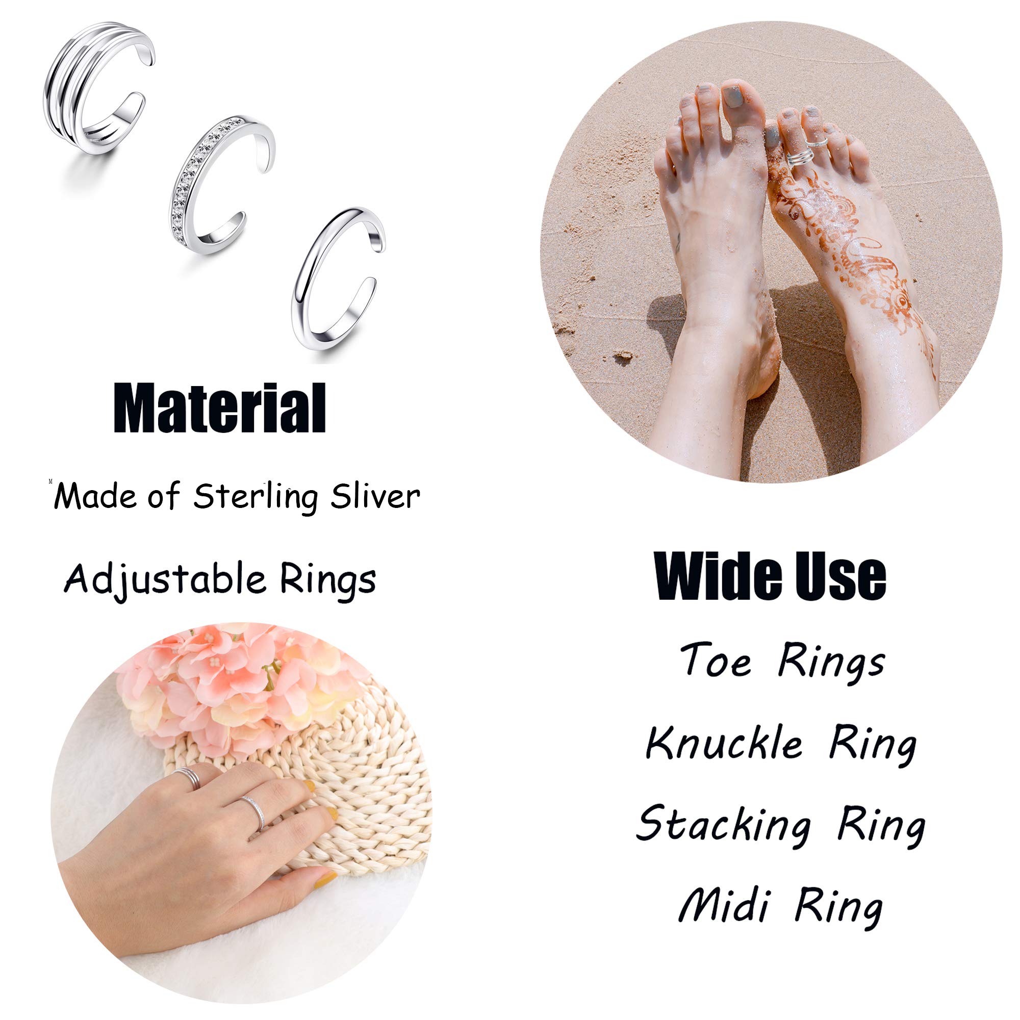 LOYALLOOK 925 Sterling Silver Open Toe Rings Set for Women Simple Thin CZ Tail Band Ring Adjustable
