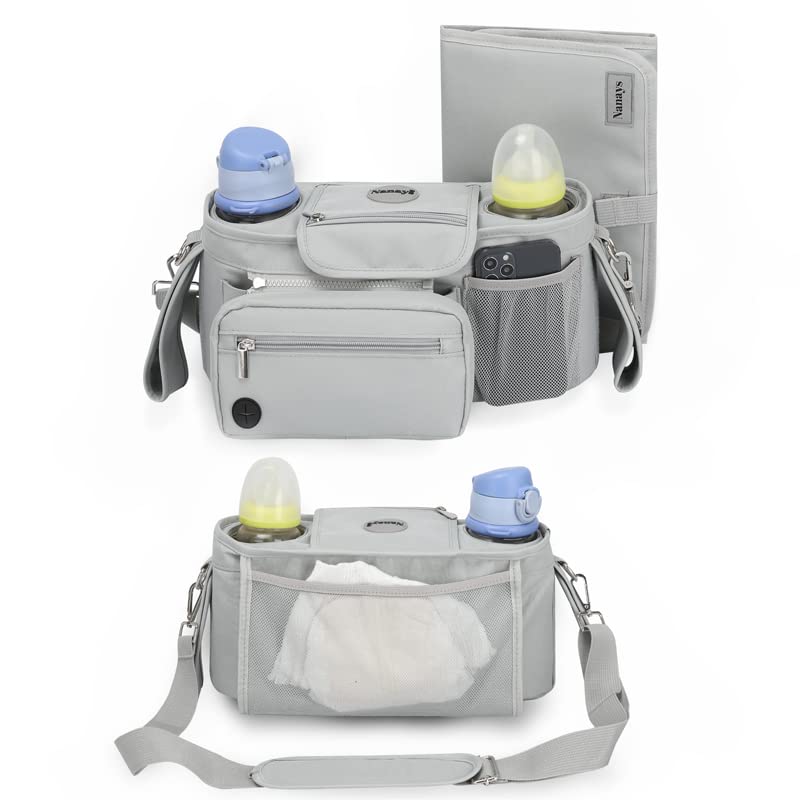 NANAY'S Stroller Bag Organizer with Foldable Baby Changing Pad, Newborn Essentials Insulated Cup Holder Diaper Bag Backpack For Girl And Boy Wipes Dispenser Diaper Caddy Umbrella Pet Storage, Silver