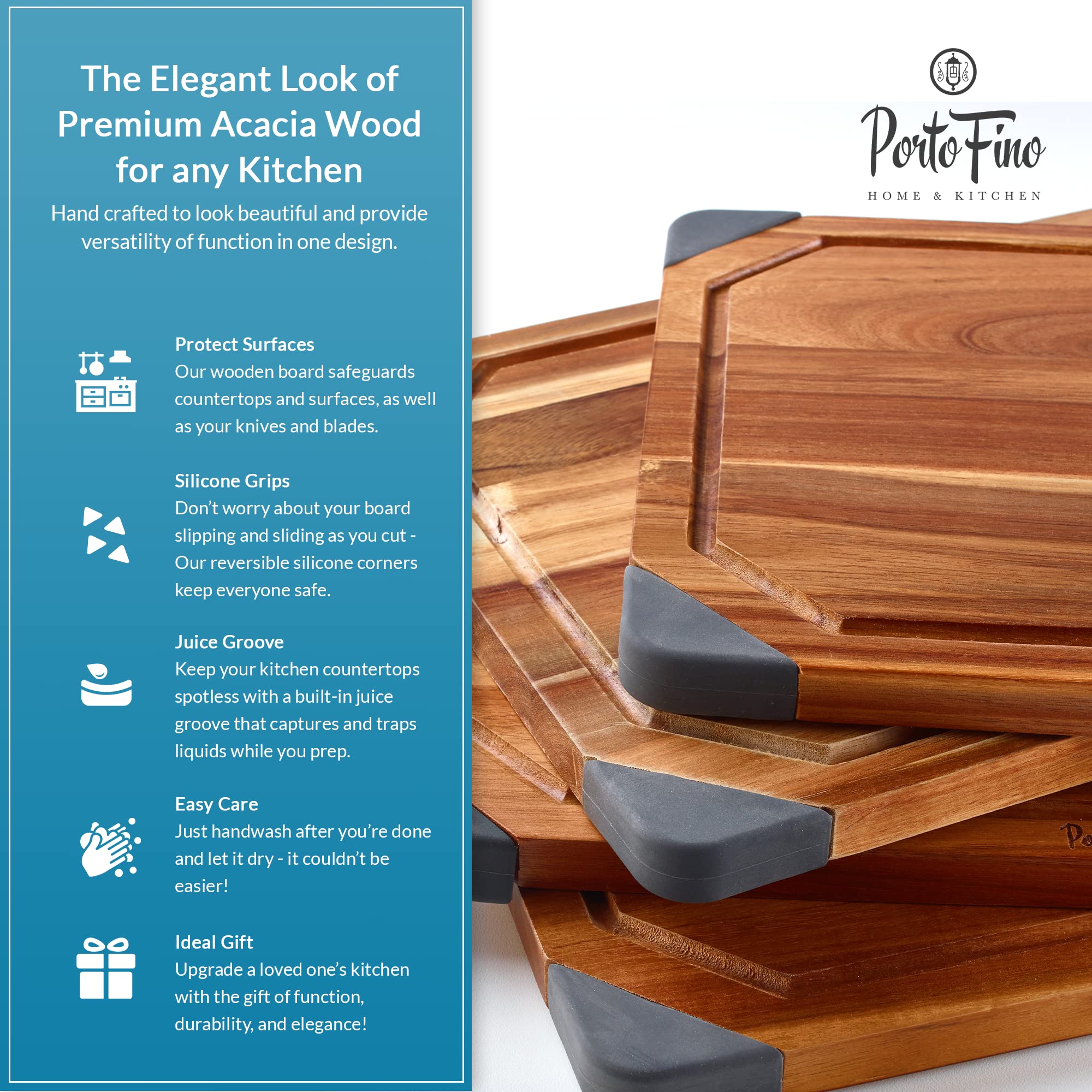 PortoFino Wood Cutting Board - Wooden Cutting Boards for Kitchen - Chopping Board - Cheese Board - Charcuterie Board - Acacia Wood Cutting Board - Non Slip Cutting Board - Tablas Para Picar Cocina