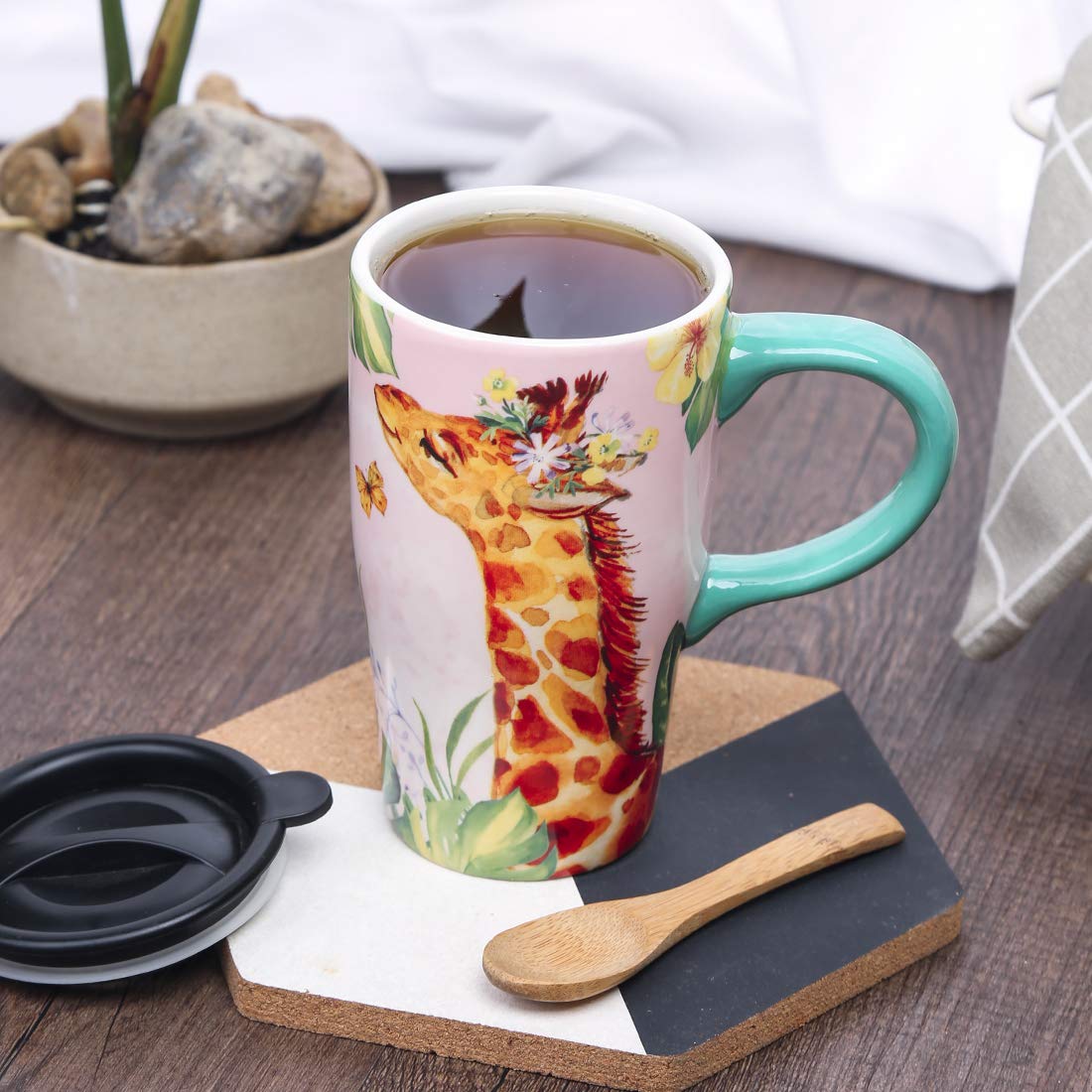 Minigift Ceramic Coffee Mug,Travel Cup with Lid,Handmade Milk Mug 16oz-Giraffe