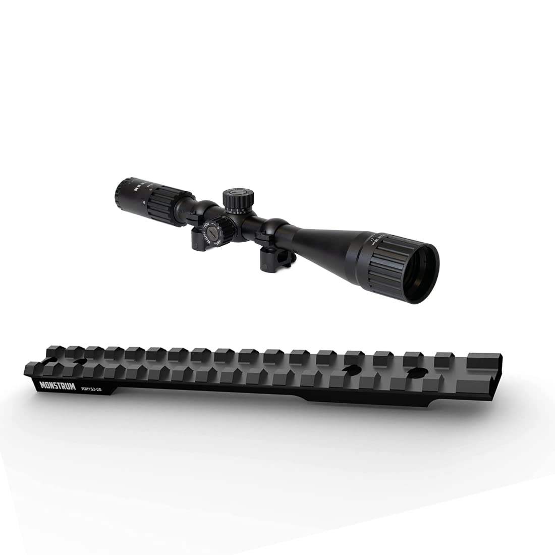 Monstrum Picatinny Rail Mount for Remington 700 | 20 MOA | Long Action | 4-12x44 Rifle Scope with Adjustable Objective and Scope Rings | Bundle