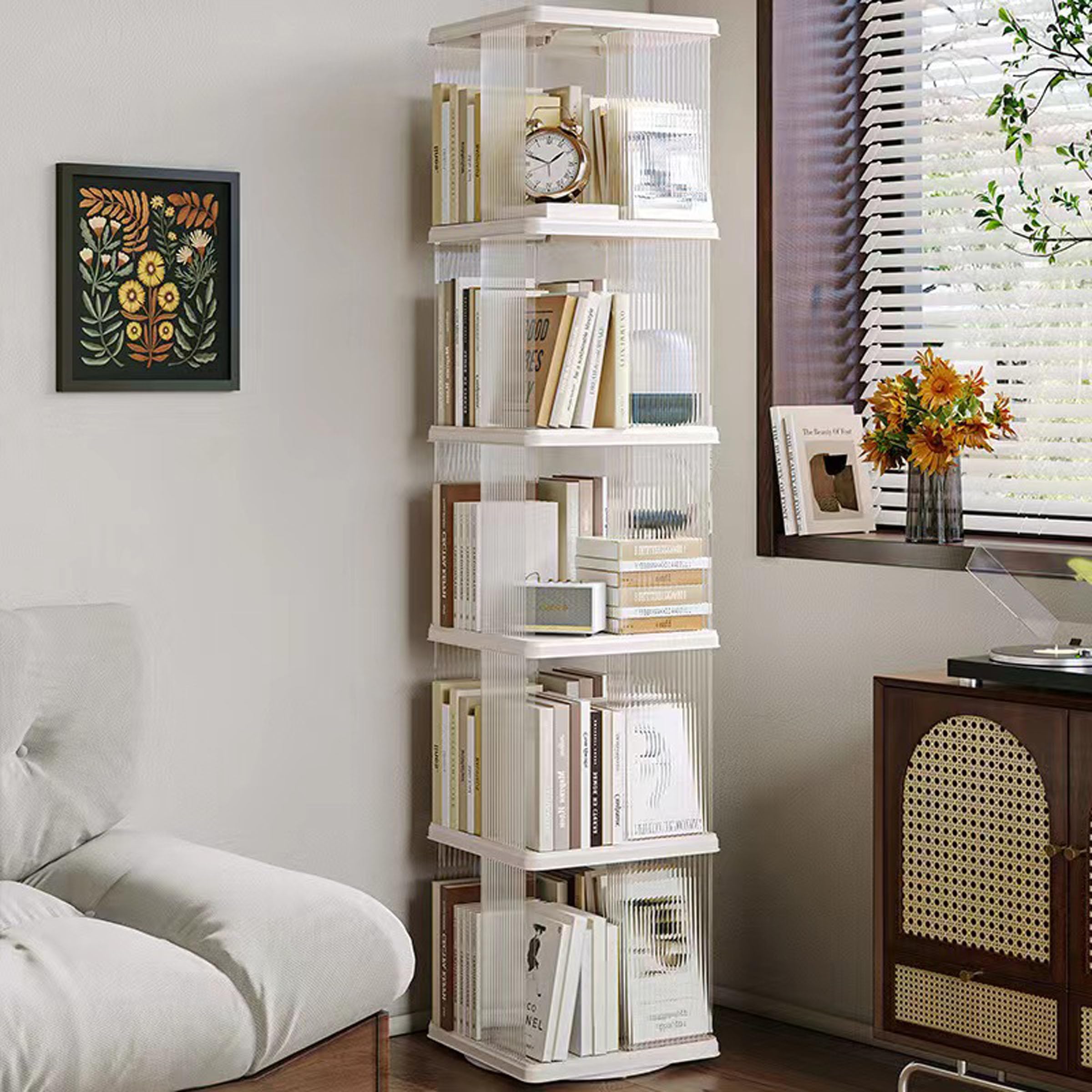 ZXFWRJDJ Rotating Bookshelf Tower, 360 Display Spinning Bookshelf,Small Corner Bookshelf for Small Space,Suitable for Bedrooms, Living Looms, Offices, and Study Rooms (White,5 Tier, 14x14x66
