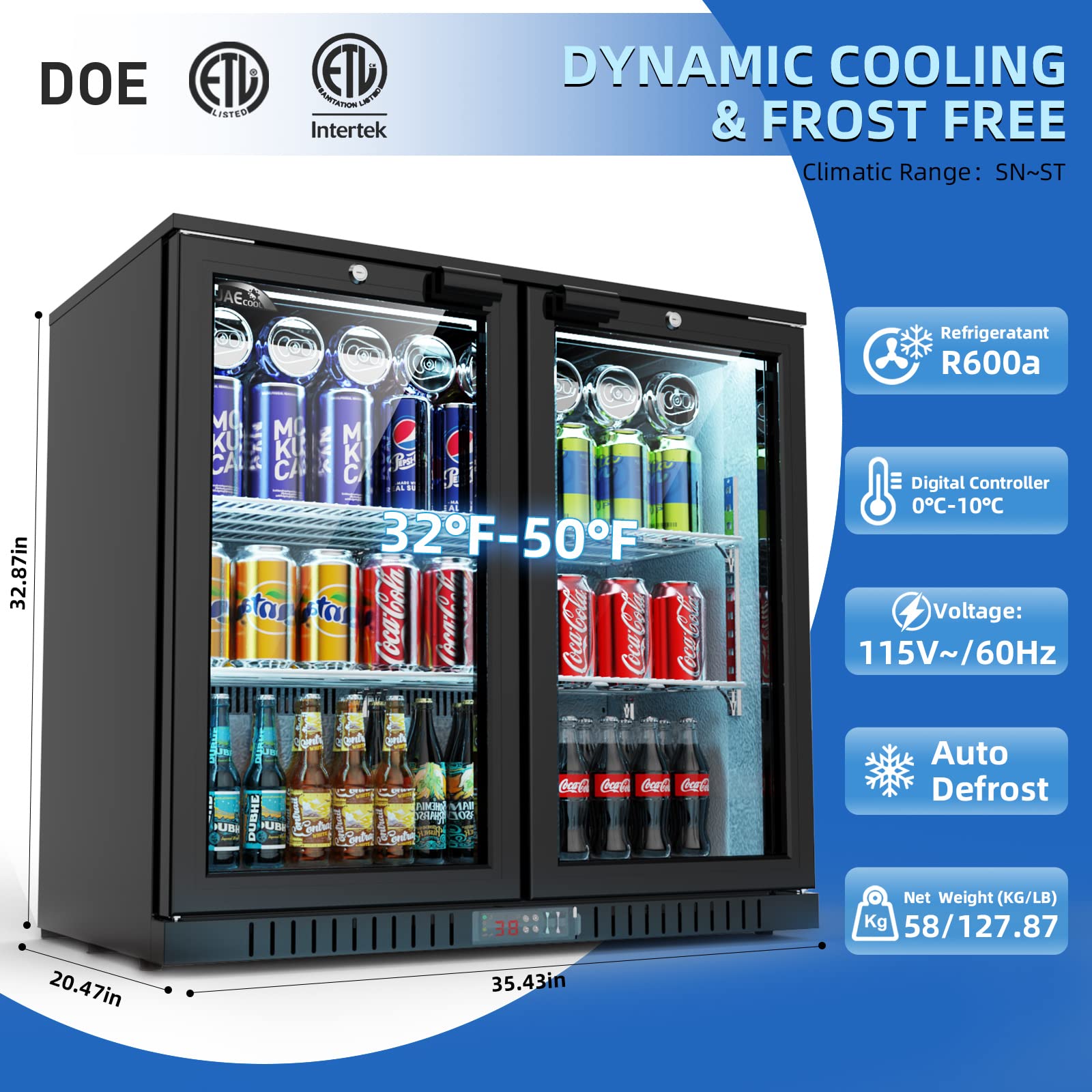 JAECOOL Back Bar Cooler Commercial Counter Height Refrigerator with 2 Glass Door,7.0 cu ft Beverage Cooler Undercounter Refrigerator, Commercial Display Fridge,Auto-defrost,Eco-friendly Compressor,ETL