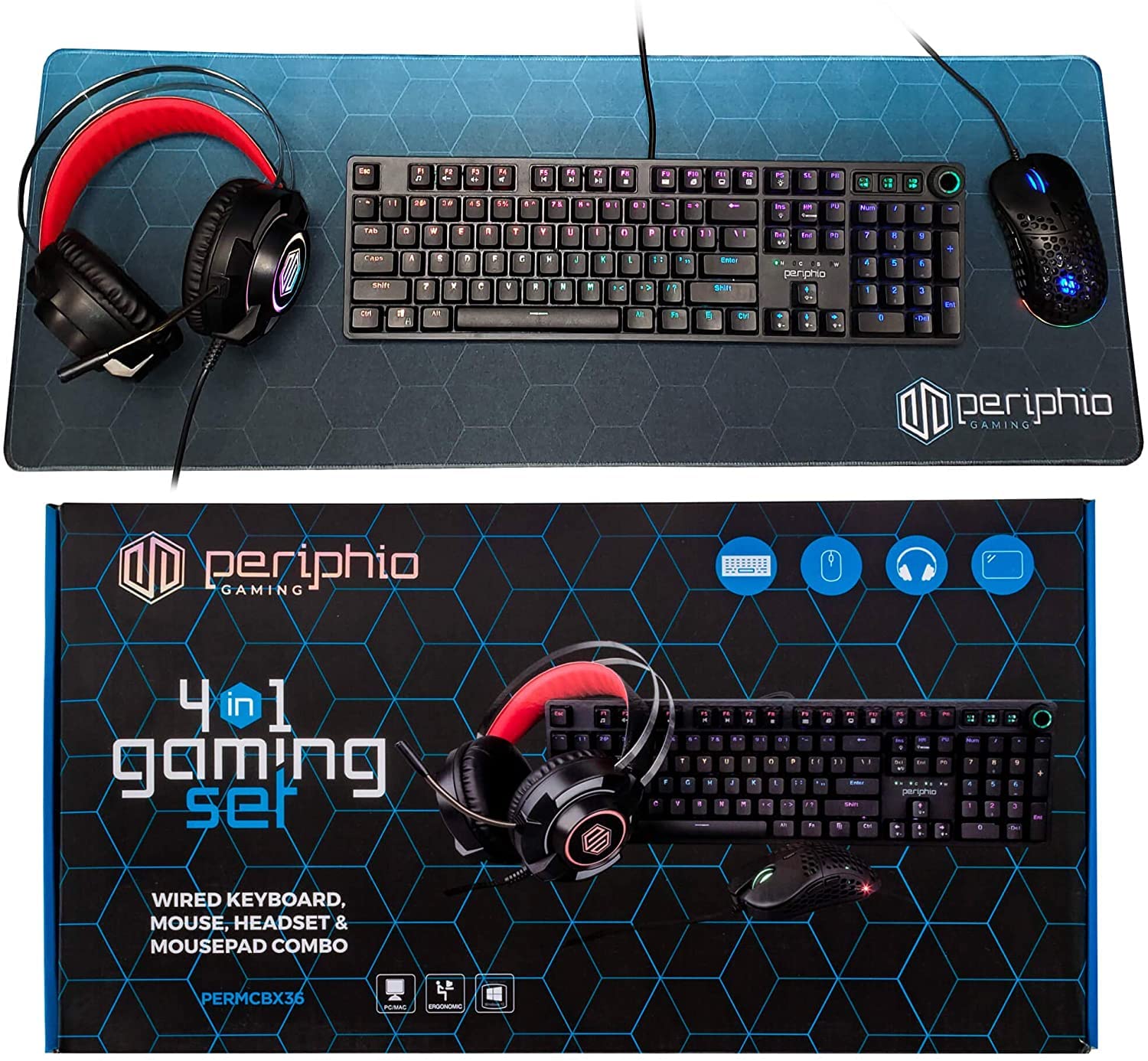Periphio Warp Gaming PC with AMD Athlon 3000G, Radeon Vega 3 iGPU, 500GB SSD, 16GB DDR4 RAM, Windows 10, 4-in-1 RGB Gaming Bundle, and XXL Desk Mat