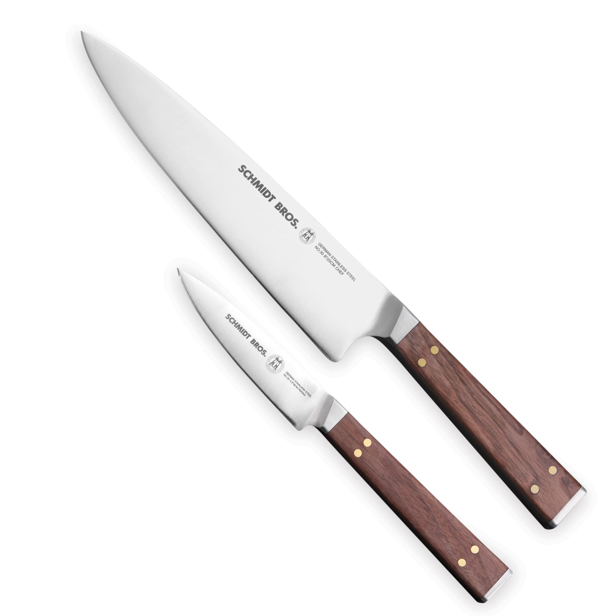 Schmidt Brothers -Brass and Walnut 2-piece Starter Kitchen Knife Kit, High-Carbon German Stainless Steel Mulitpurpose Kitchen Cutlery