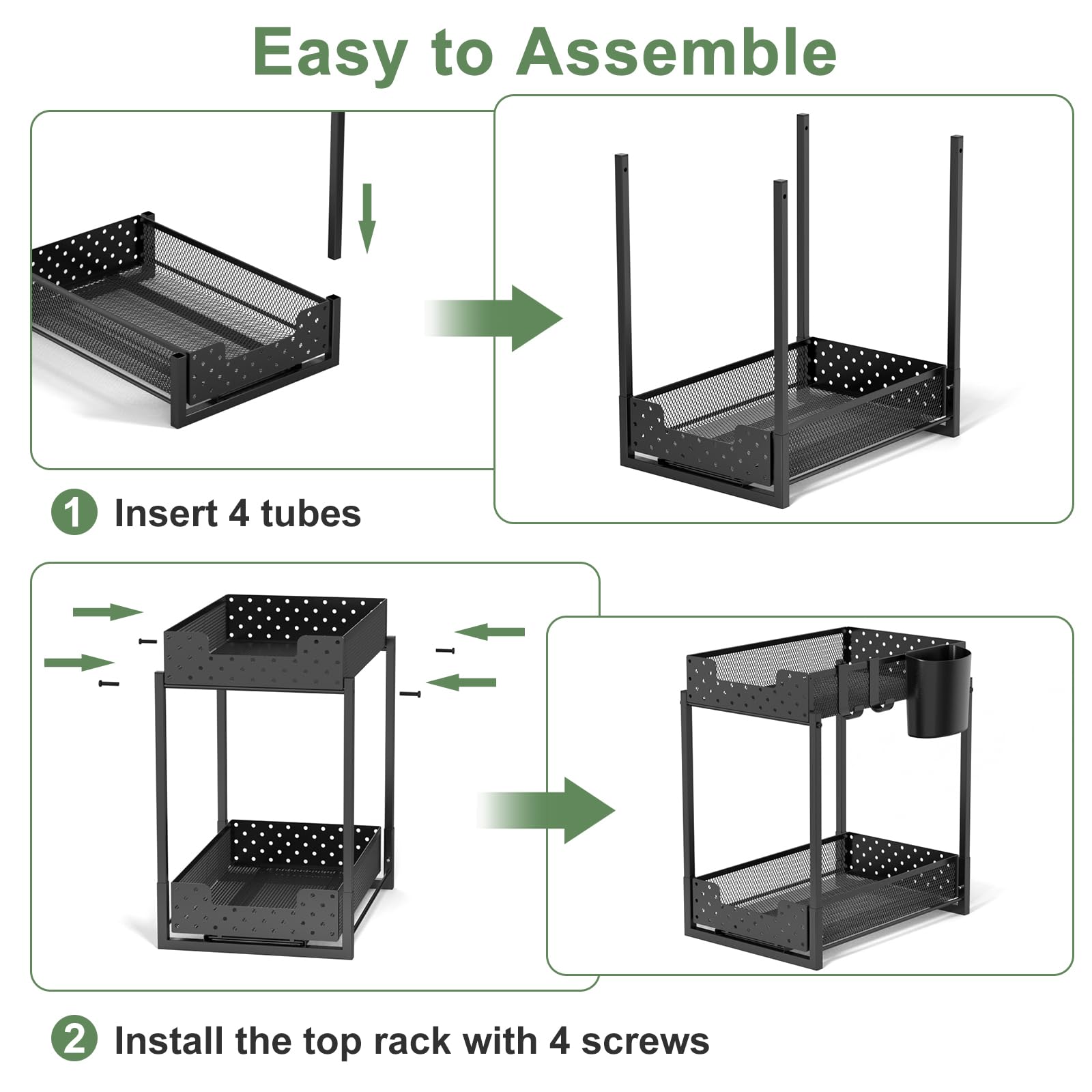 π‘π²ππ²ππ Metal Under Sink Organizer and Storage, Bathroom Cabinet Organizer, 2 Tier Pull Out Under Cabinet Storage, Black Slide-Out Undersink Organizer for Kitchen/Home, Under Counter Organizer