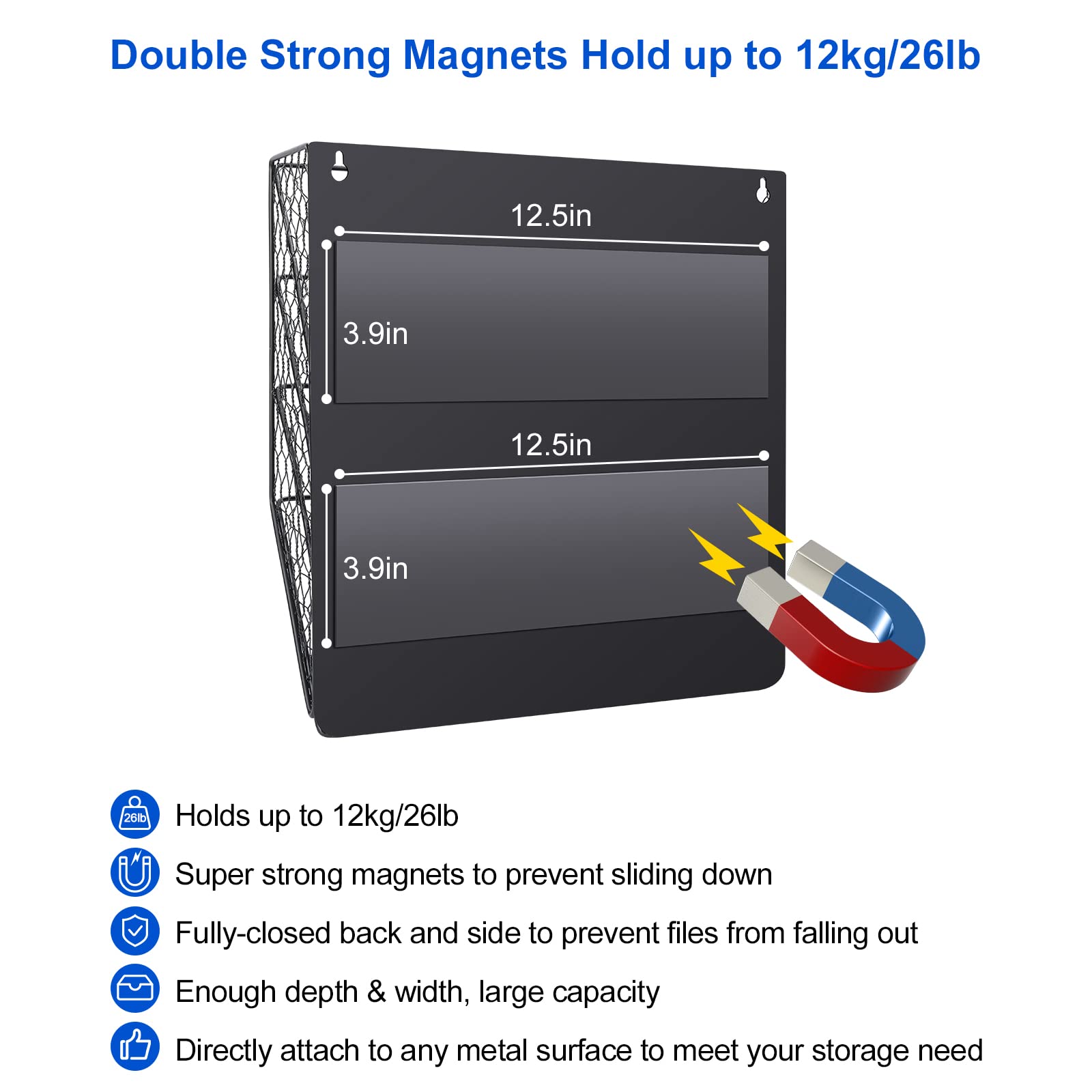 Magnetic File Holder for File Cabinets 4-Tier Strongest Magnetic File Folder Holds 26Lbs (12kg) Magnetic File Organizer 13.7" Wider Mesh Magnetic File Mail Organizer For Refrigerator Whiteboard(Black)