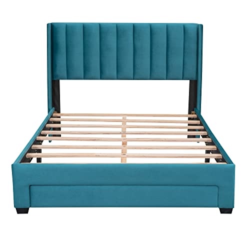SOFTSEA Full Size Upholstered Bed Frame with Large Drawer Velvet Platform Bed Frame with High Headboard for Bedroom