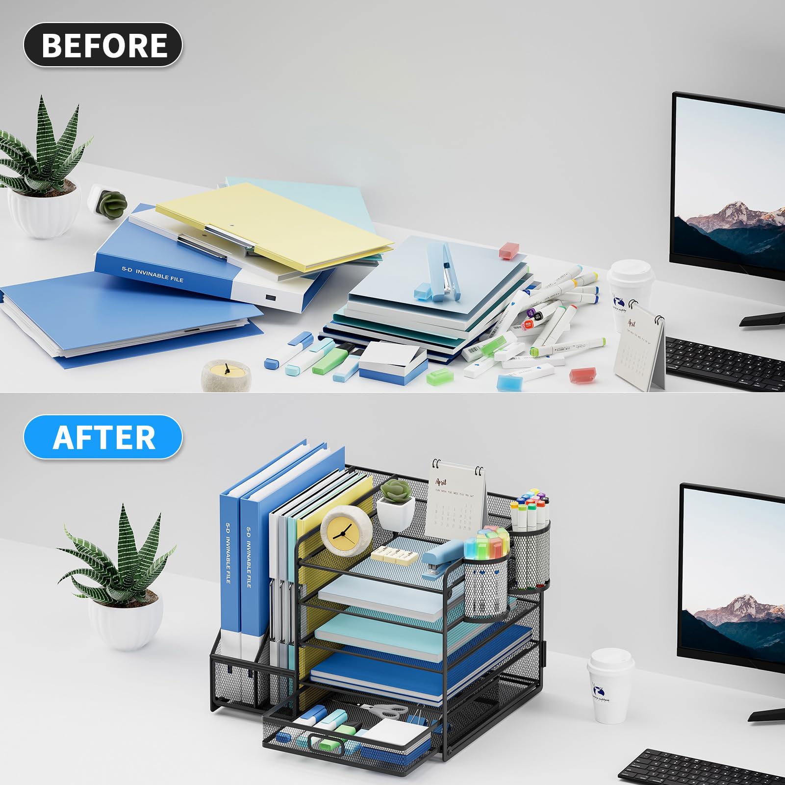 Lavatino Desk Organizer with File Holder, 5-Tier Paper Letter Tray Organizer with Sliding Drawer and 2 Pen Holder, Mesh Desktop File Organizer for Office Supplies (Black)