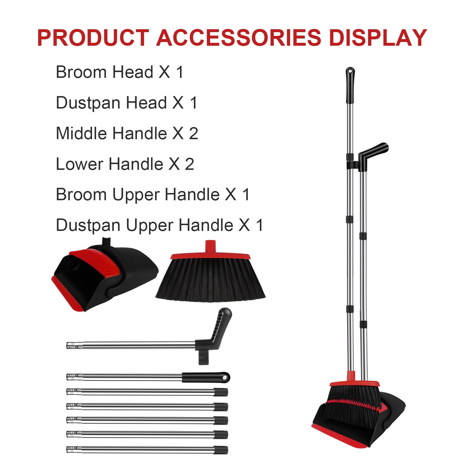 UDUK Broom and Dustpan Set for Household, Red House Broom with Dustpan Combo Set, 51β Long Handle Broom with Dustpan for Dog Cat and Hair Clean