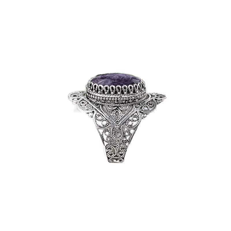 Natural Purple Charoite Silver Ring, 925 Sterling Silver Natural Genuine Purple Charoite Gemstone Artisan Crafted Filigree Statement Ring (9)